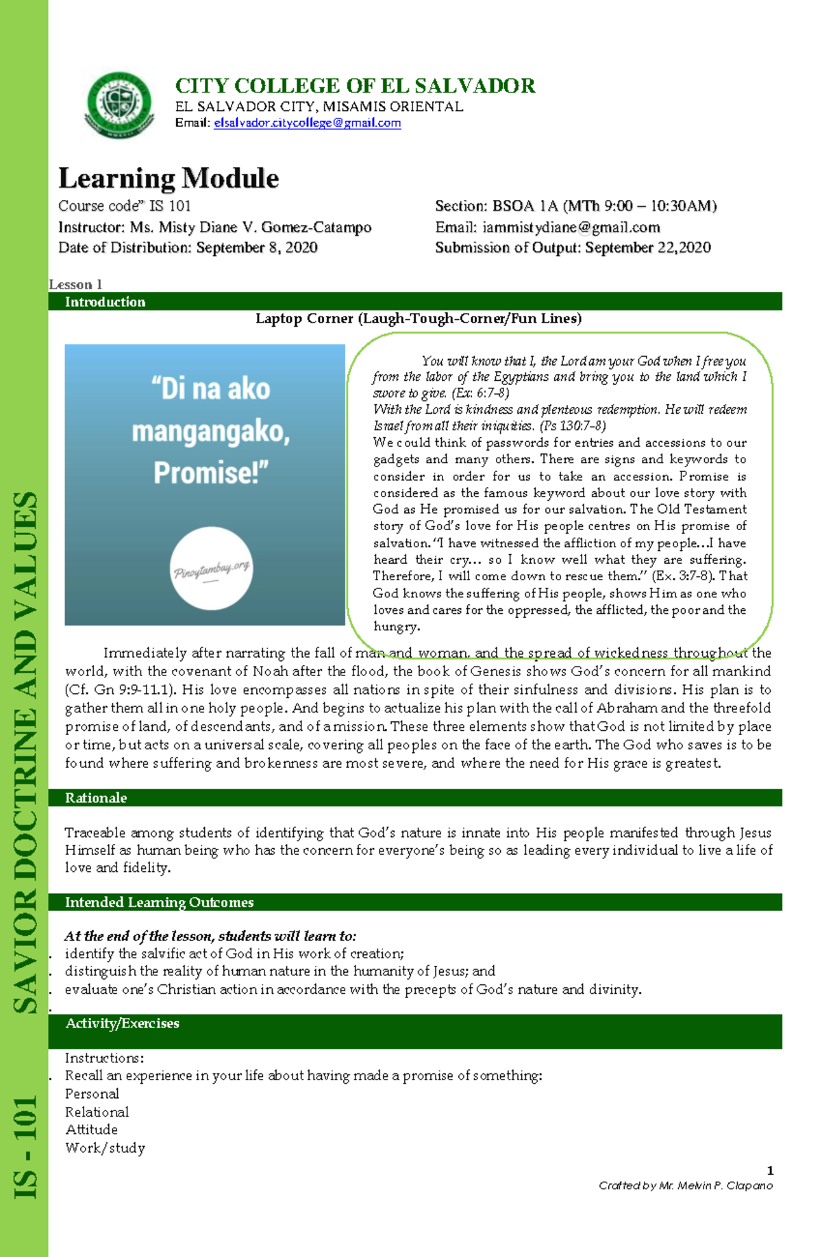 IS101 Lesson 1-2 (Prelim module) 1st - 1 Crafted by Mr. Melvin P ...
