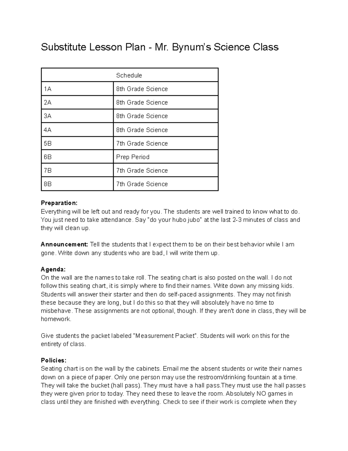 Substitute Lesson Plan - Bynum’s Science Class Schedule 1A 8th Grade ...
