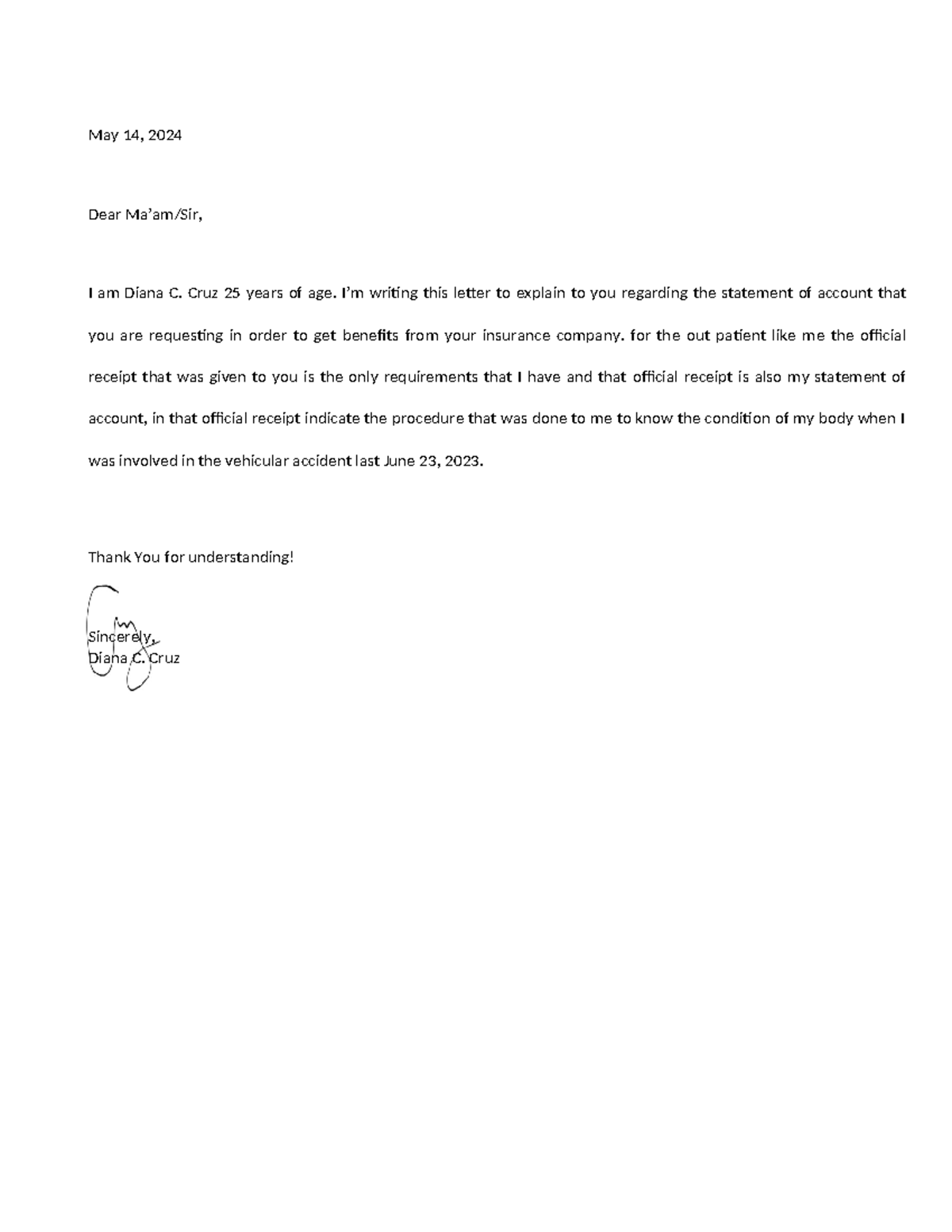 Letter of soa - anything that helpful - May 14, 2024 Dear Ma’am/Sir, I ...