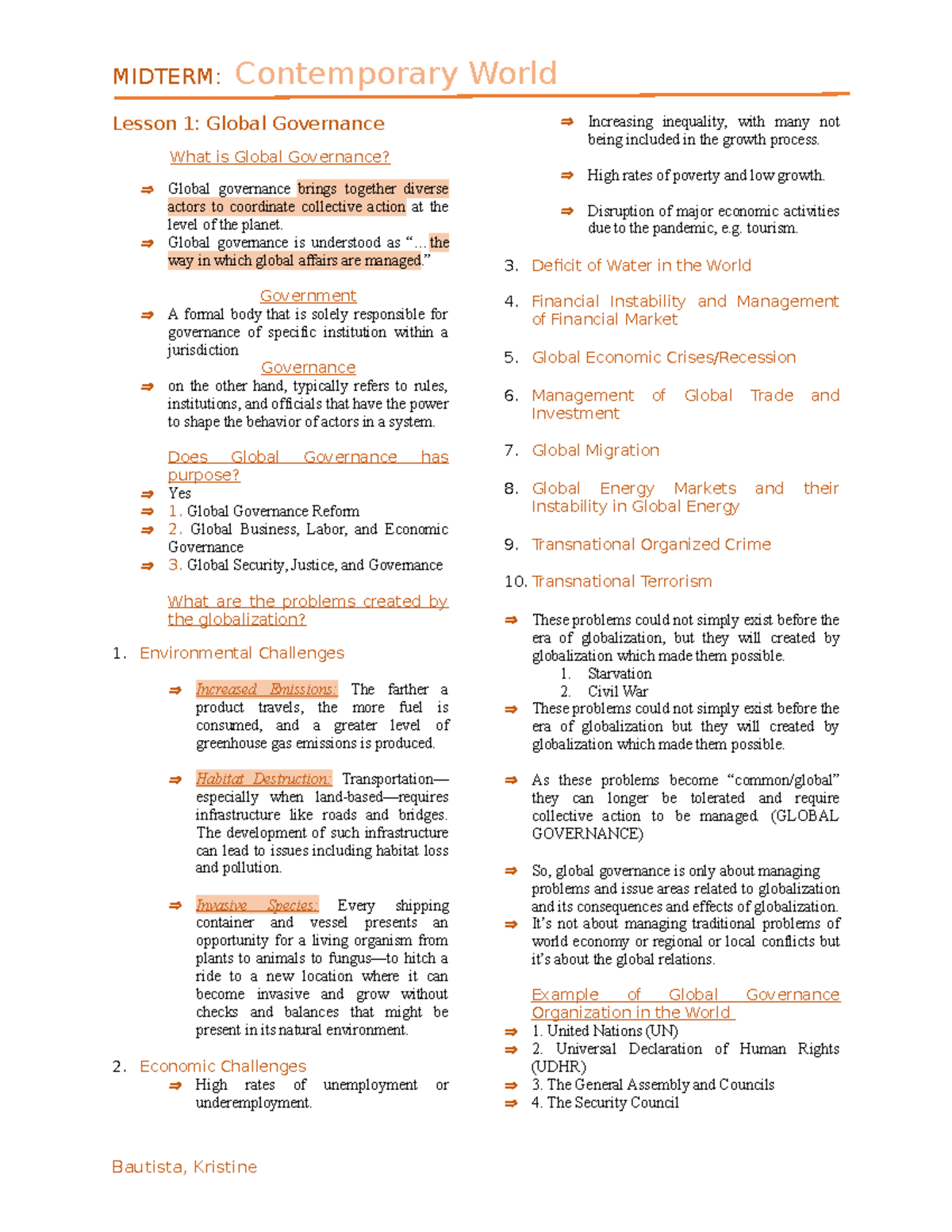 Contem Midterm Lessons - Lesson 1: Global Governance What is Global ...