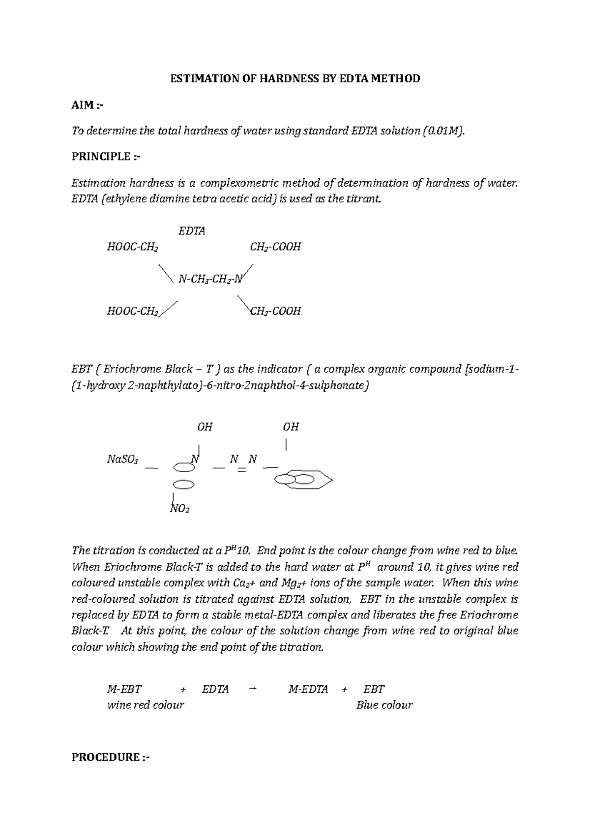 Experiment NO -2 Estimation OF Hardness BY EDTA Method - ESTIMATION OF HARDNESS BY EDTA METHOD ...
