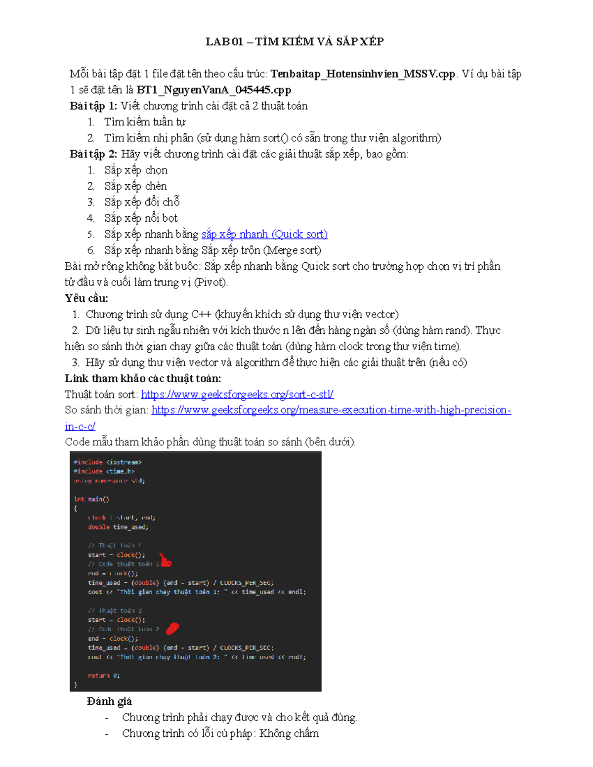 LAB01 Timkiem Sapxep (cap nhat) - LAB 01 – TÌM KIẾM VÀ SẮP XẾP Mỗi bài tập đặt 1 file đặt tên ...