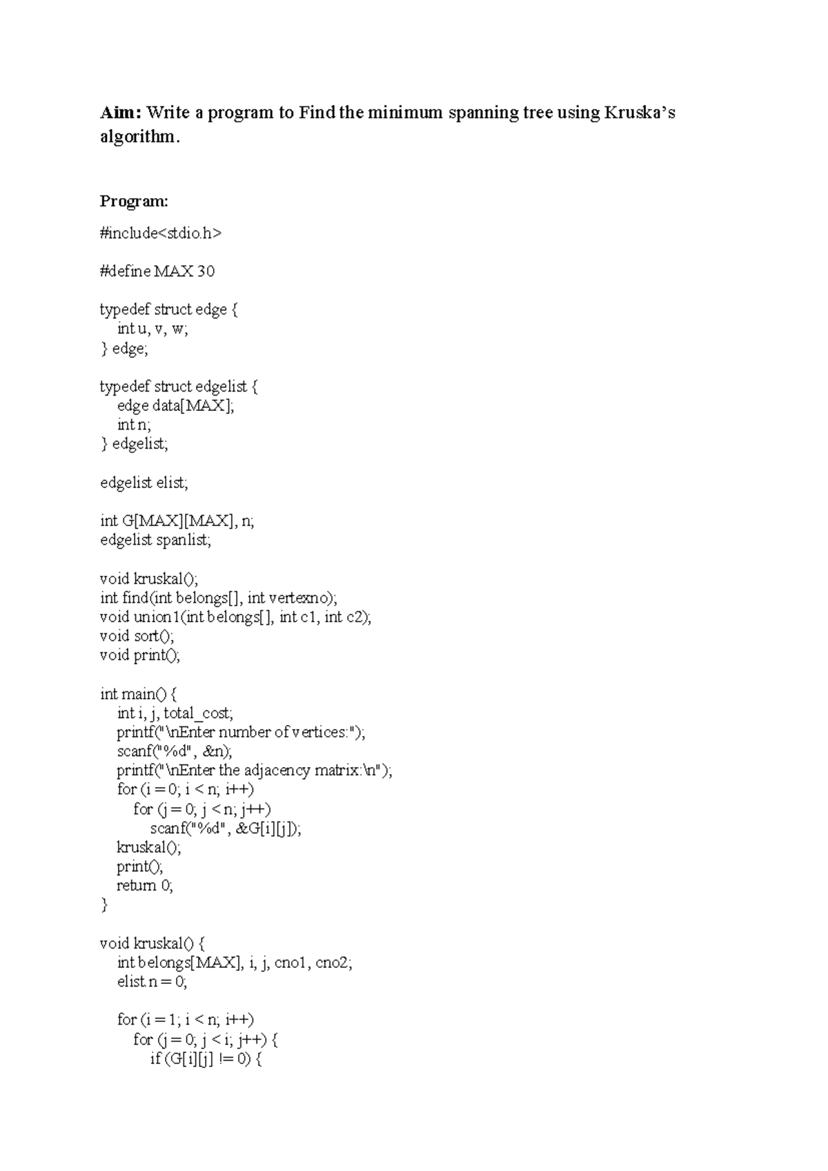 32 AOA 6,7,8 print - practical 6 to 8 - Aim: Write a program to Find the minimum spanning tree ...