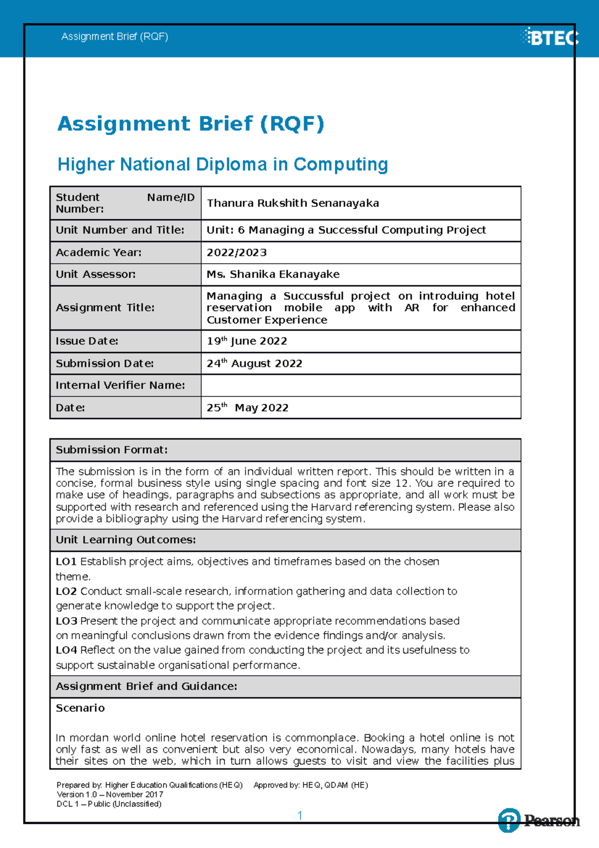HND B12 Assignment Unit6 final - Assignment Brief (RQF) Higher National ...