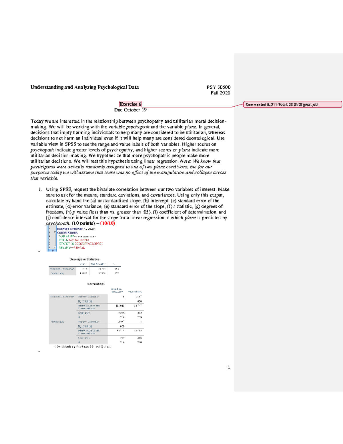 Exercise 6 - Regression - Understanding and Analyzing Psychological Data PSY 30500 Fall 2020 ...