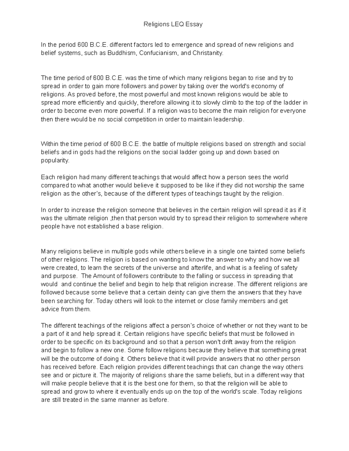 Religions LEQ Essay - C. different factors led to emergence and spread ...