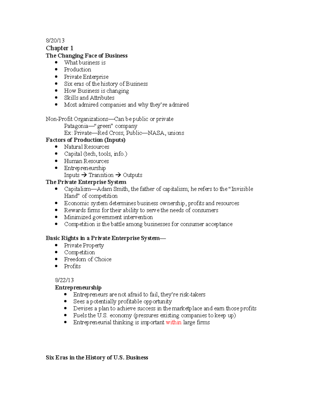 Chapter 1 Notes - The changing face of business, The Private Enterprise ...