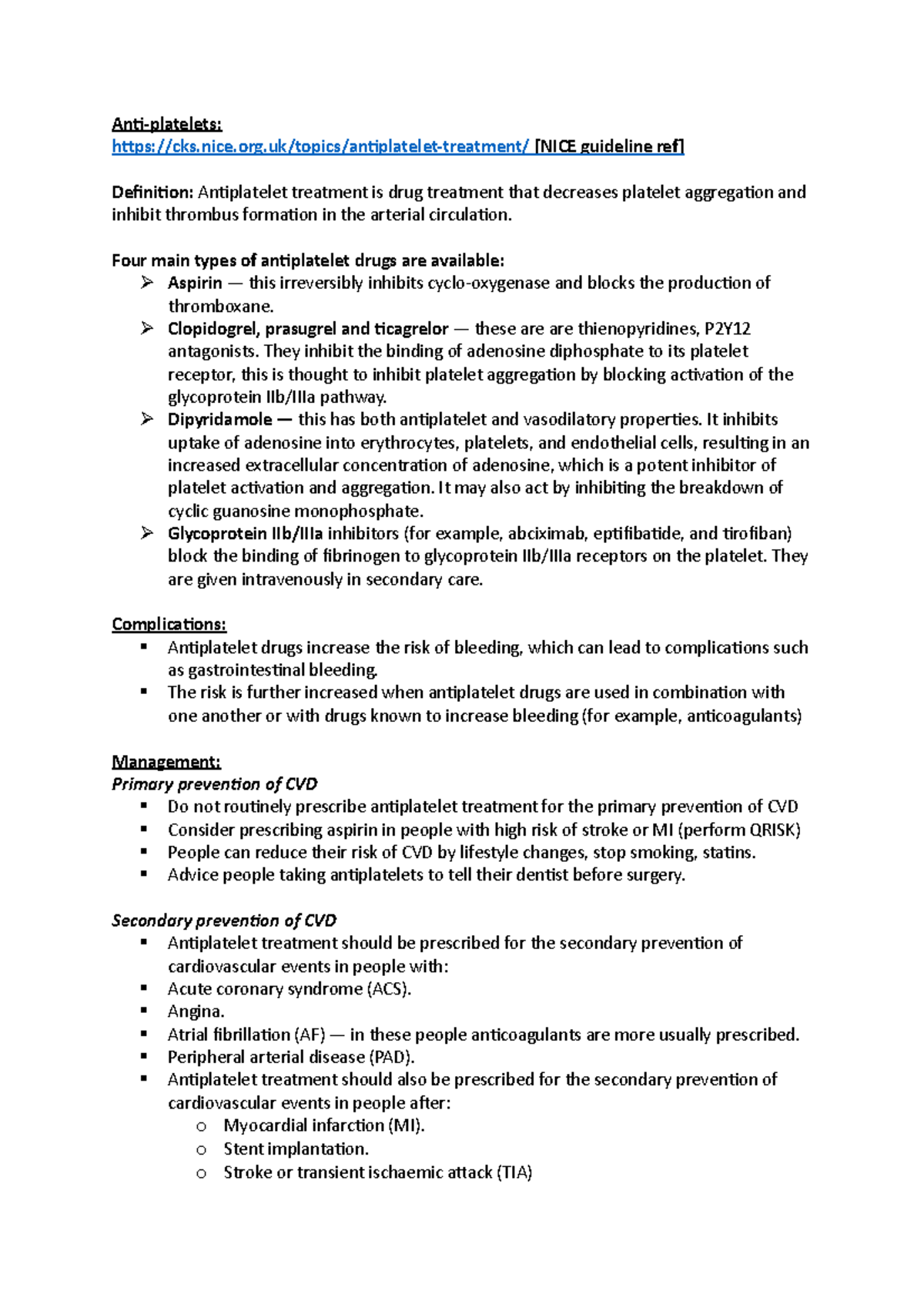 Antiolatelet - revision notes - Anti-platelets: cks.nice.org/topics ...