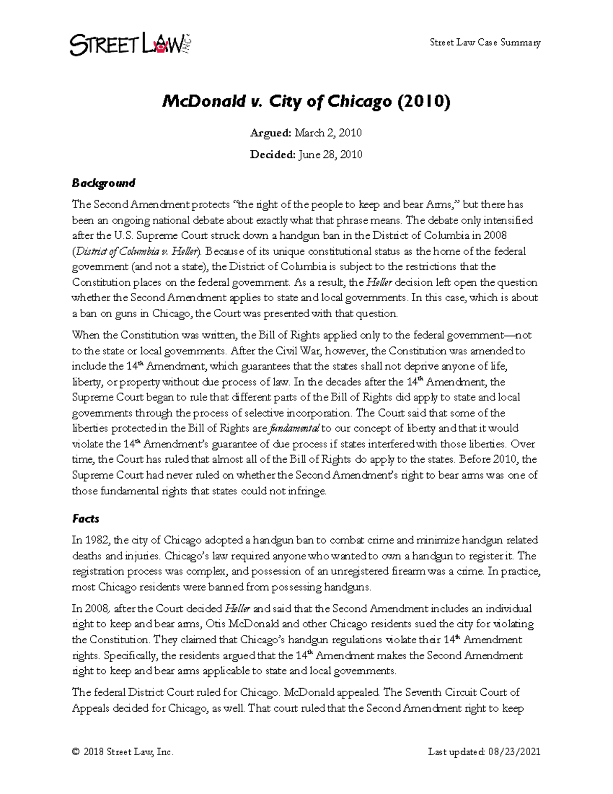 Mcdonald v chicago case summary hs 08-23-2021 - Street Law Case Summary ...
