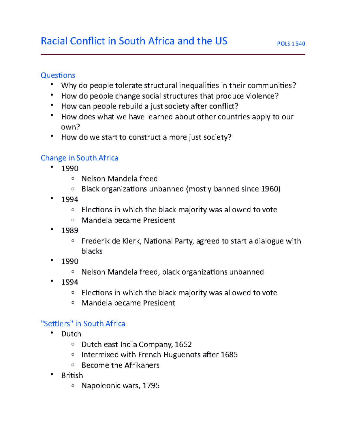 Racial Conflict in South Africa and the US Notes - " Apartheid was an ...