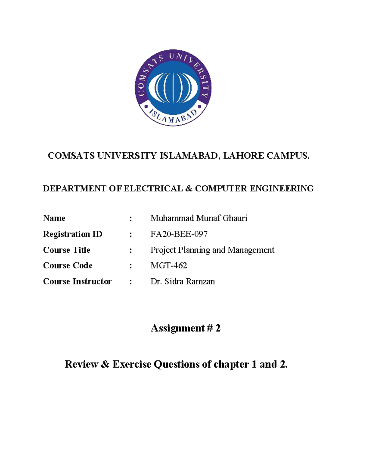 PPM Assignment 1 - COMSATS UNIVERSITY ISLAMABAD, LAHORE CAMPUS. DEPARTMENT OF ELECTRICAL & - Studocu