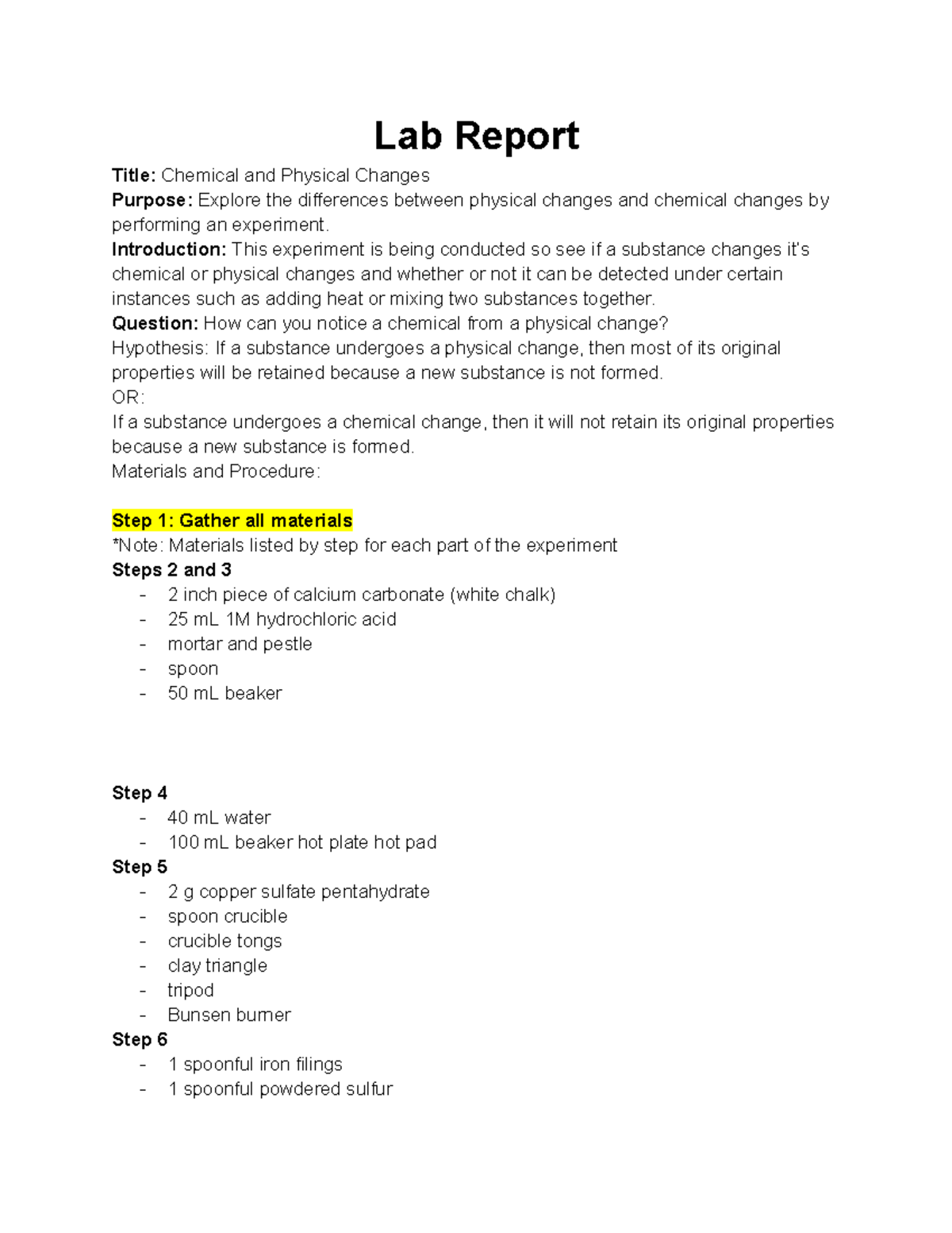 Untitled document - Lab Report Title: Chemical and Physical Changes ...