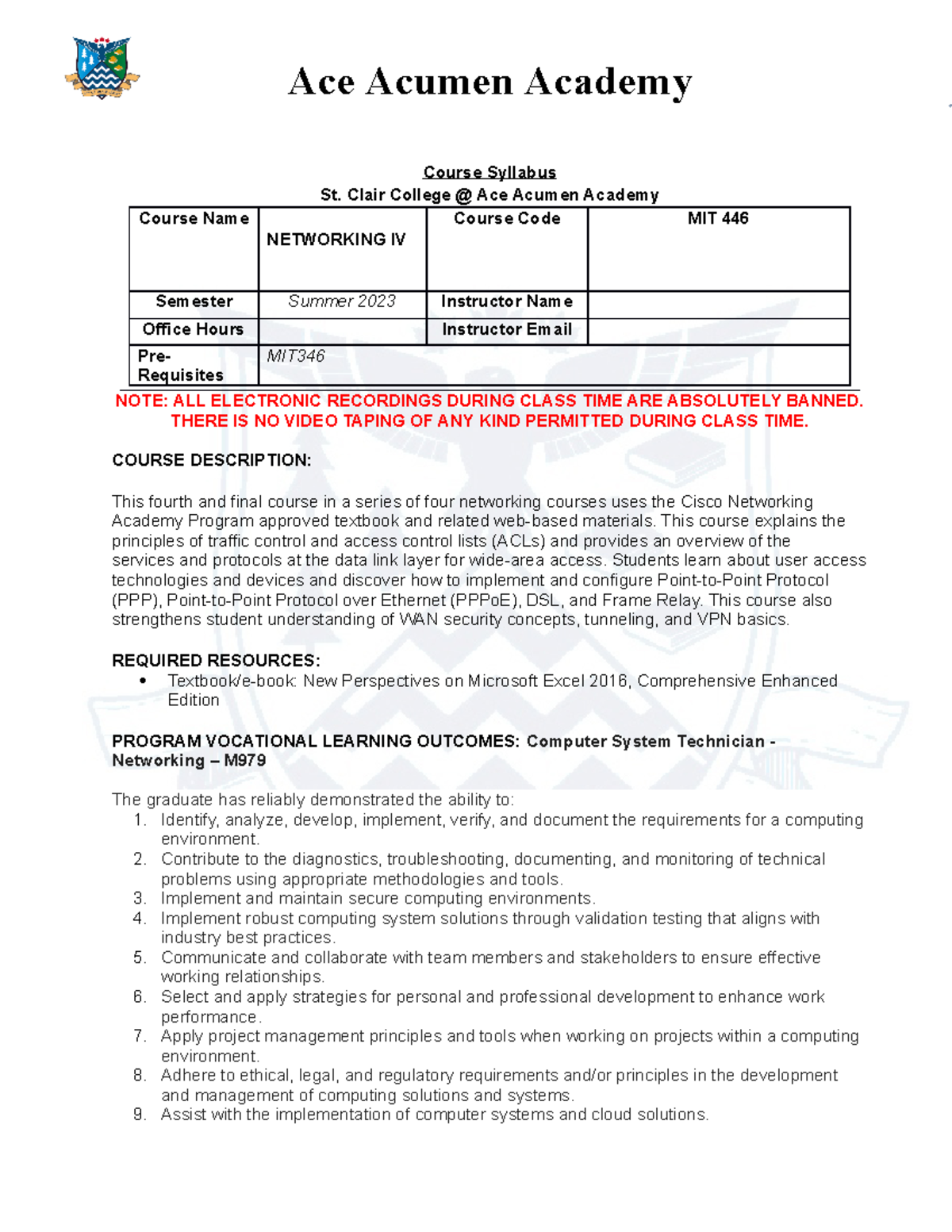 W23 Syllabus-MIT 446 - ADDDDDDADA - Course Syllabus St. Clair College ...