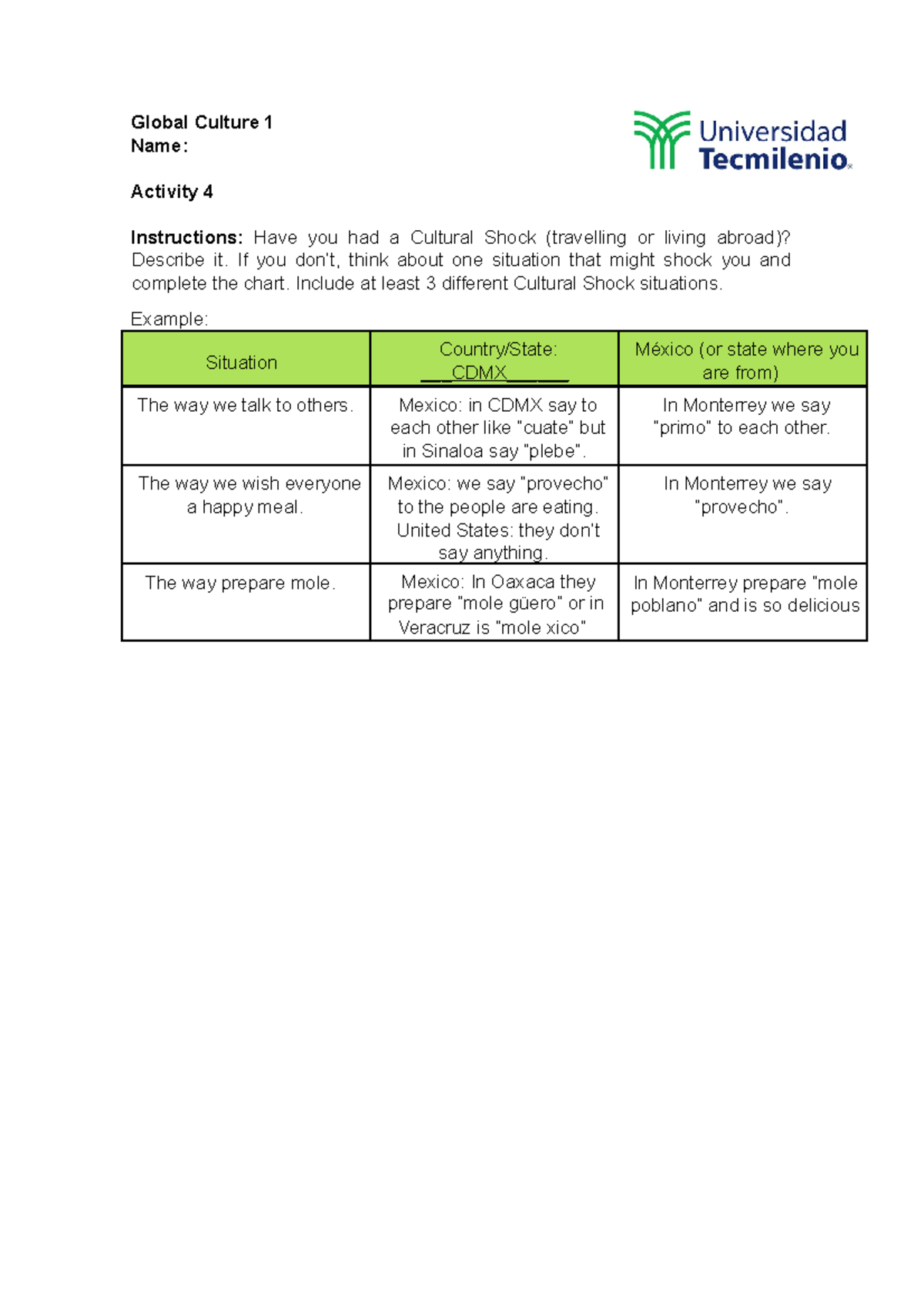 Activity 4 - Global Culture 1 Name: Activity 4 Instructions: Have you ...