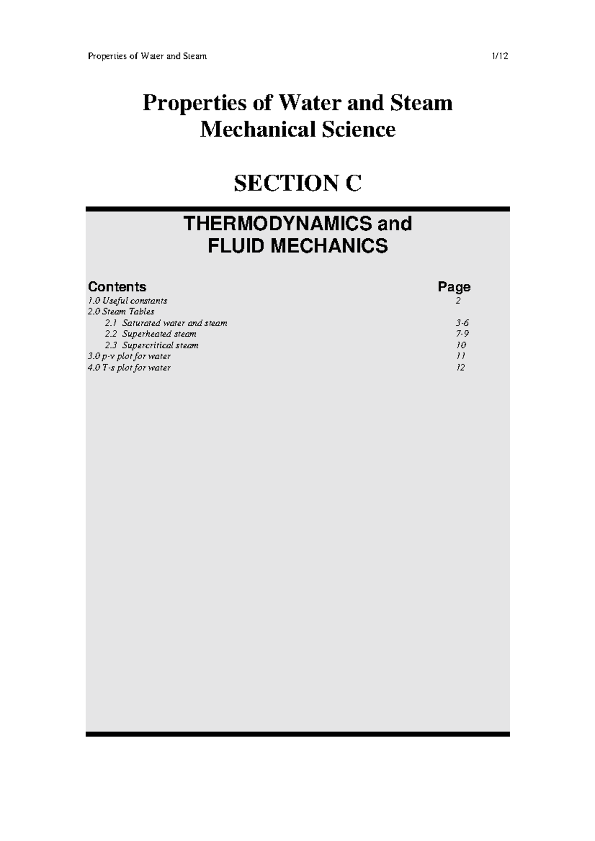 Steam table - Properties of Water and Steam Mechanical Science SECTION ...