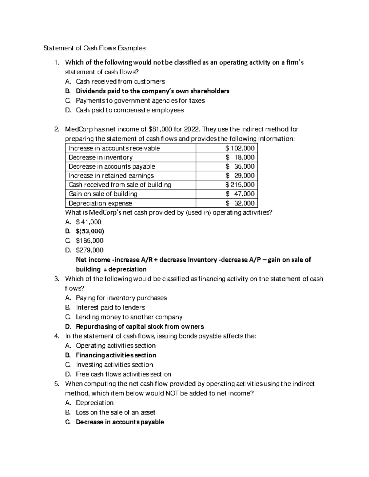 Statement of Cash Flows Practice Key Explained - Statement of Cash ...