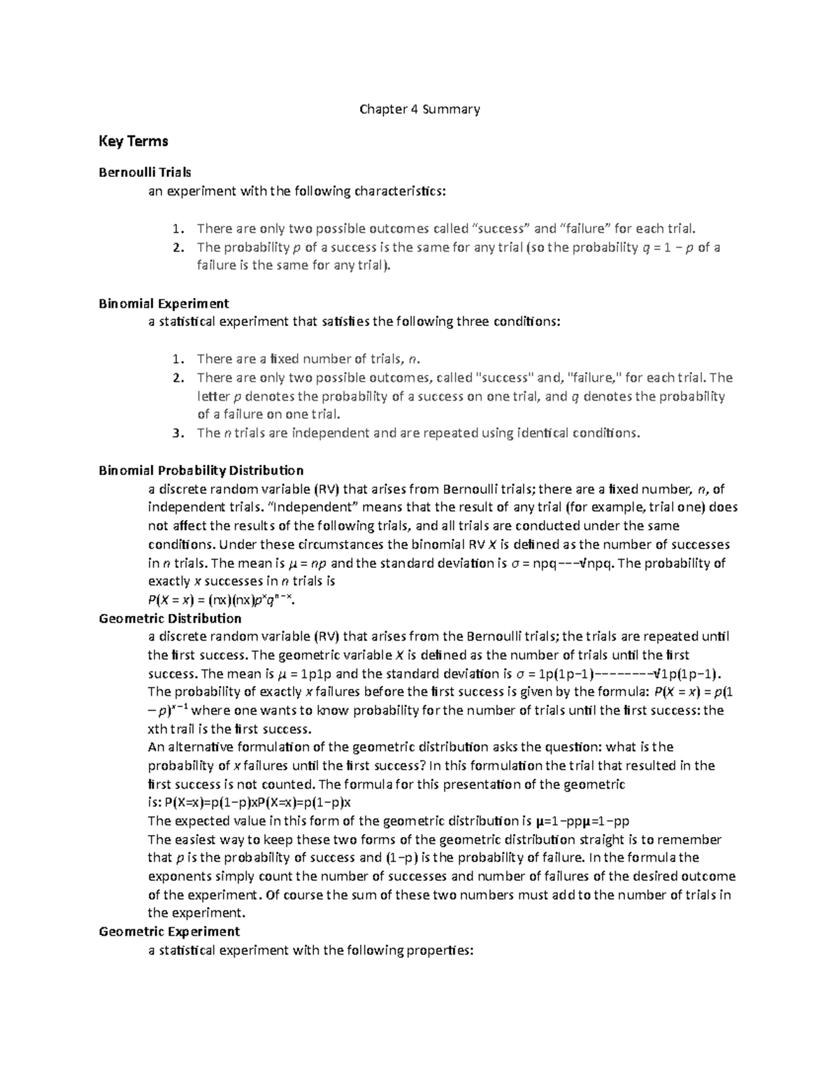 Busn311 chapter 4 summary - Chapter 4 Summary Key Terms Bernoulli ...