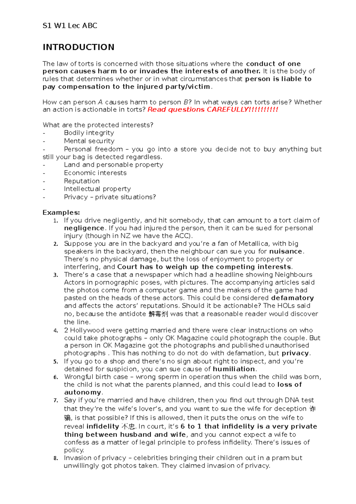 S1 W1 Lec ABC - S1 W1 Lec ABC - INTRODUCTION The law of torts is ...