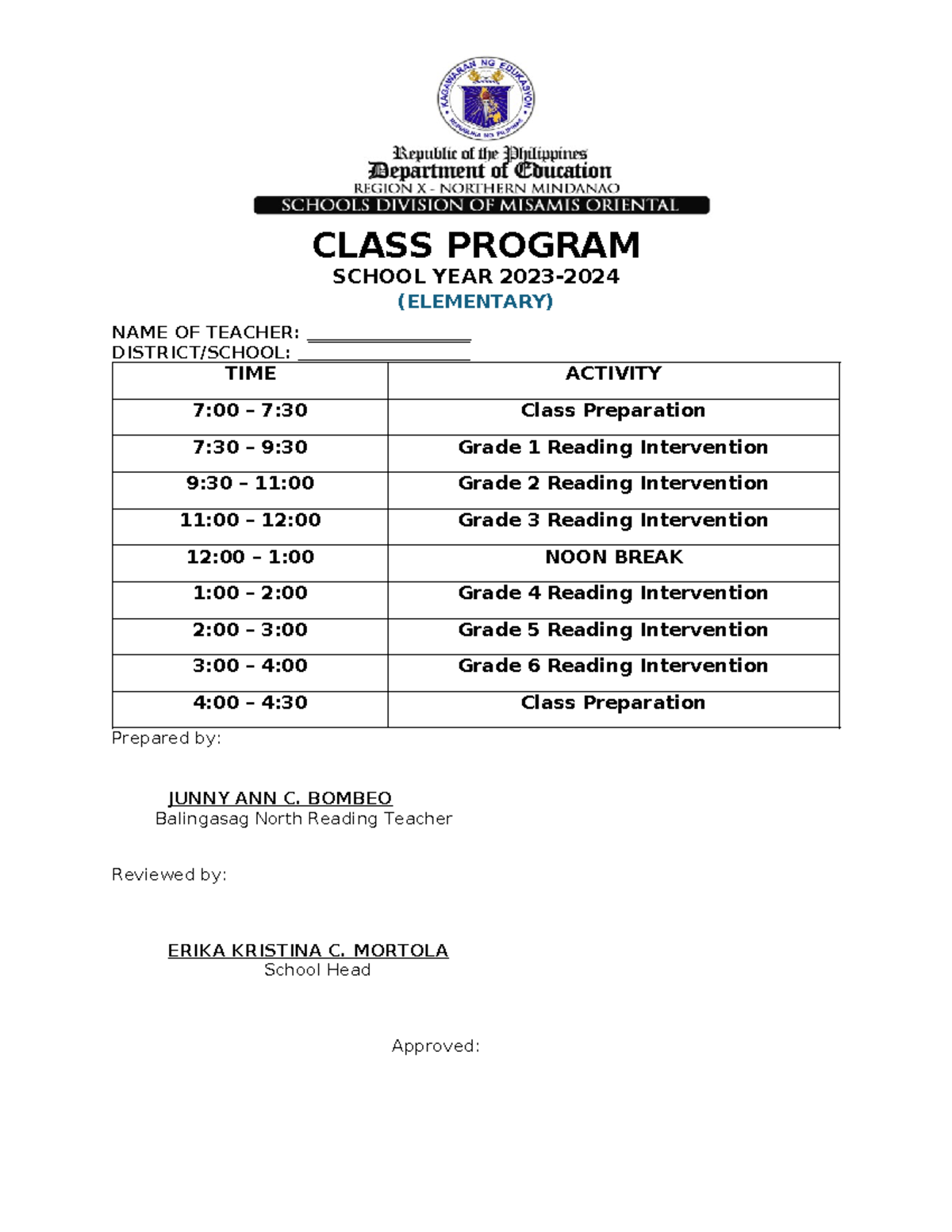 Class Program - CLASS PROGRAM SCHOOL YEAR 2023- (ELEMENTARY) NAME OF ...