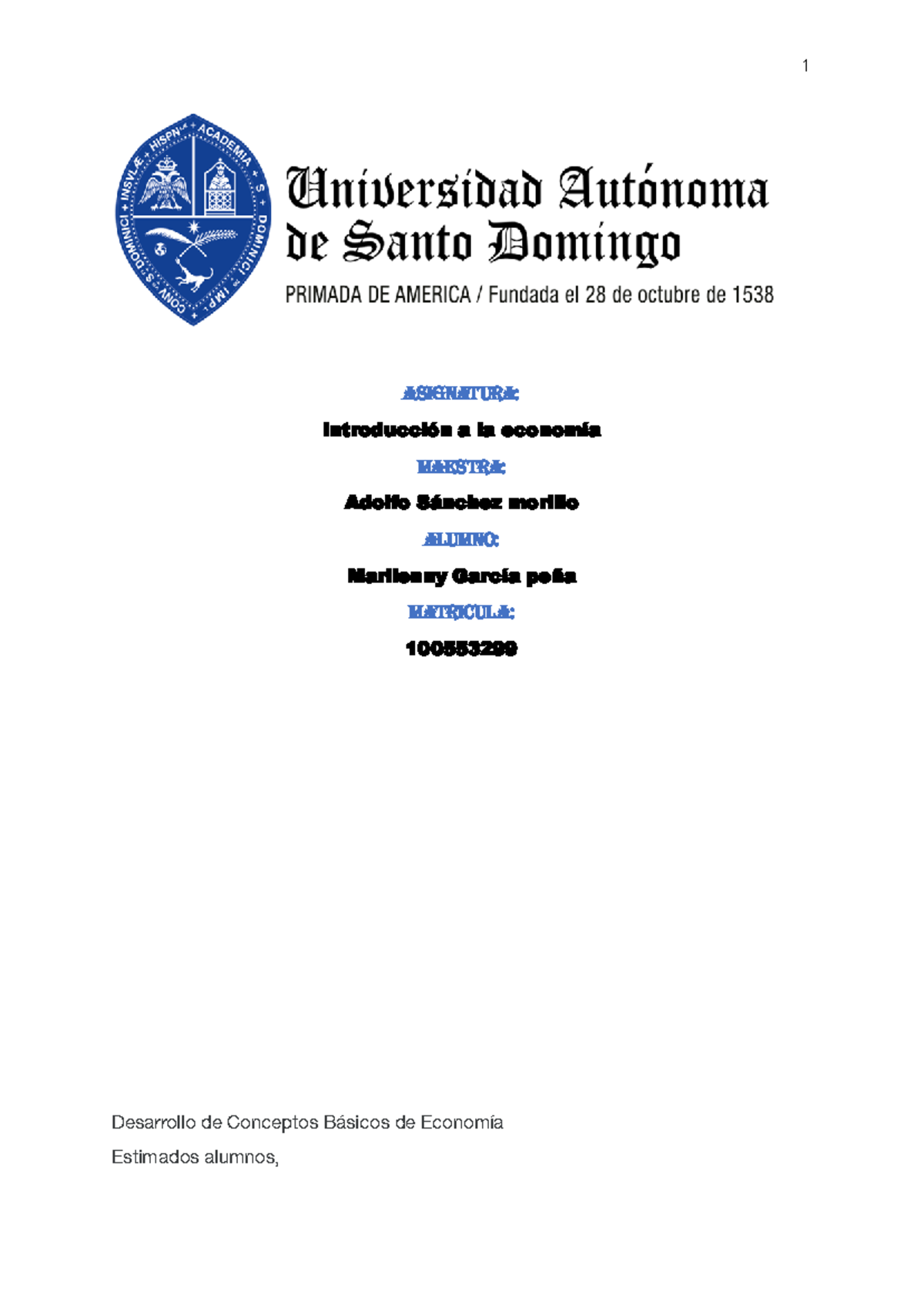 Unidad 2 economía-1 - Asignatura: Introducción a la economía Maestra ...