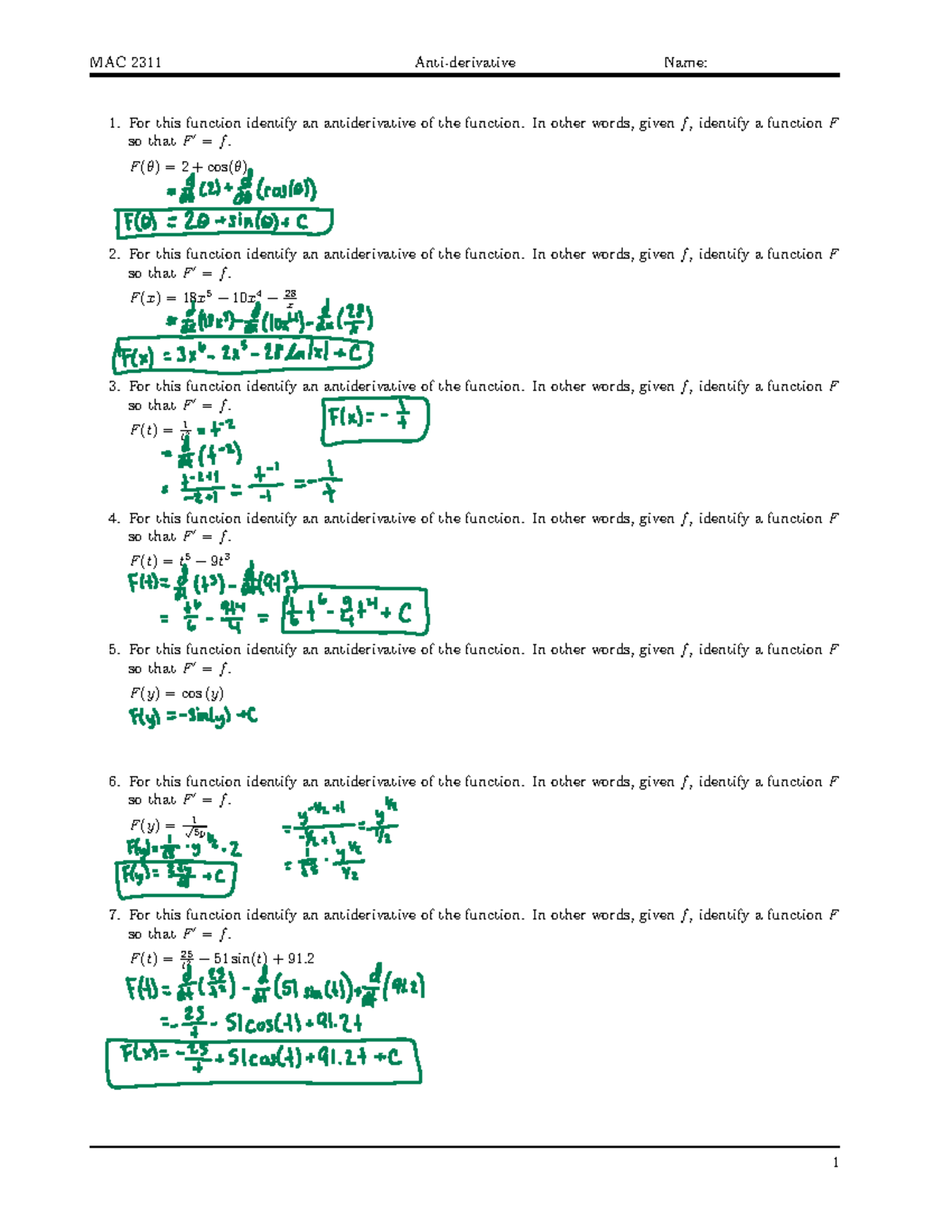 Success Assignment 11 - MAC 2311 1. For this function identify an antiderivative of the function ...
