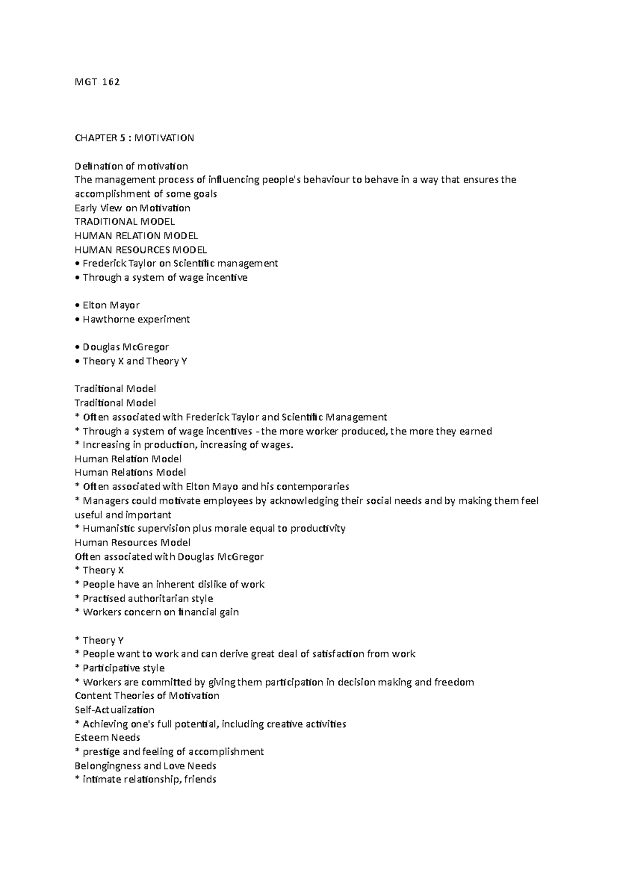 MGT 162 chapter 5 - ....... - MGT 162 CHAPTER 5 : MOTIVATION Defination ...