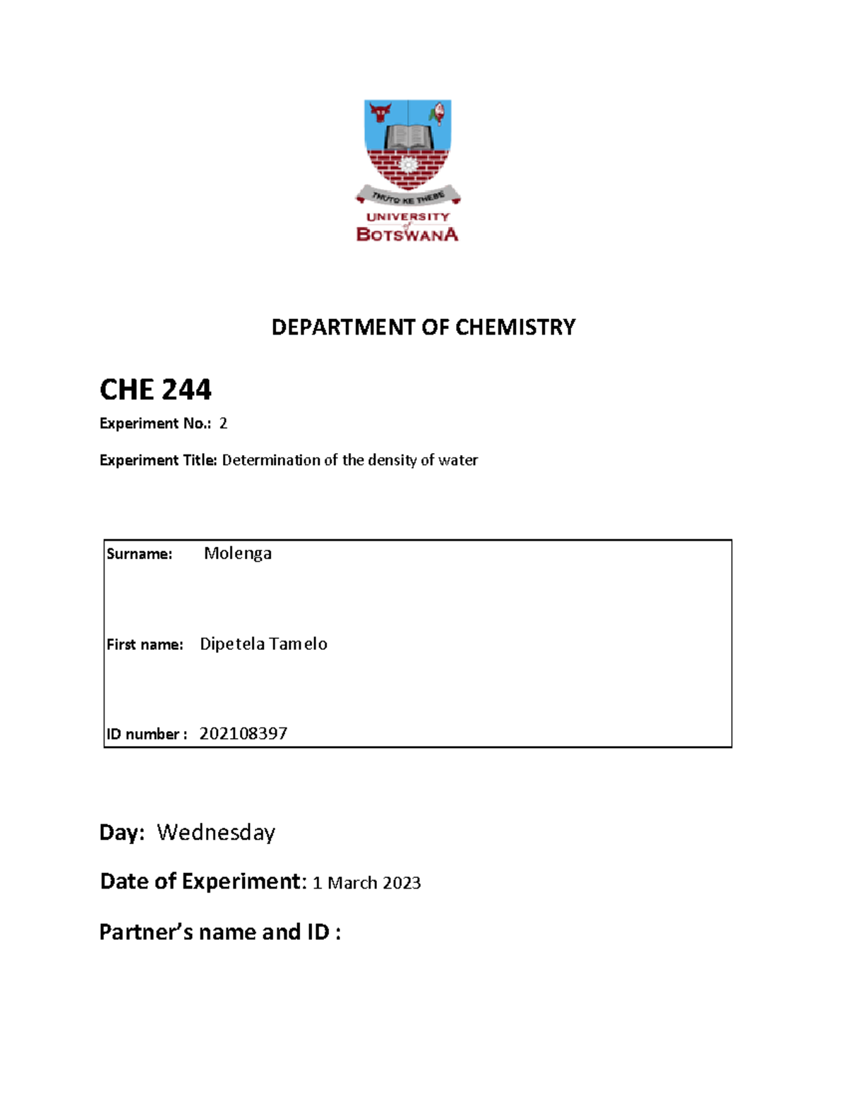 Exp 2 244 final b - CHE 244 - DEPARTMENT OF CHEMISTRY CHE 244 ...
