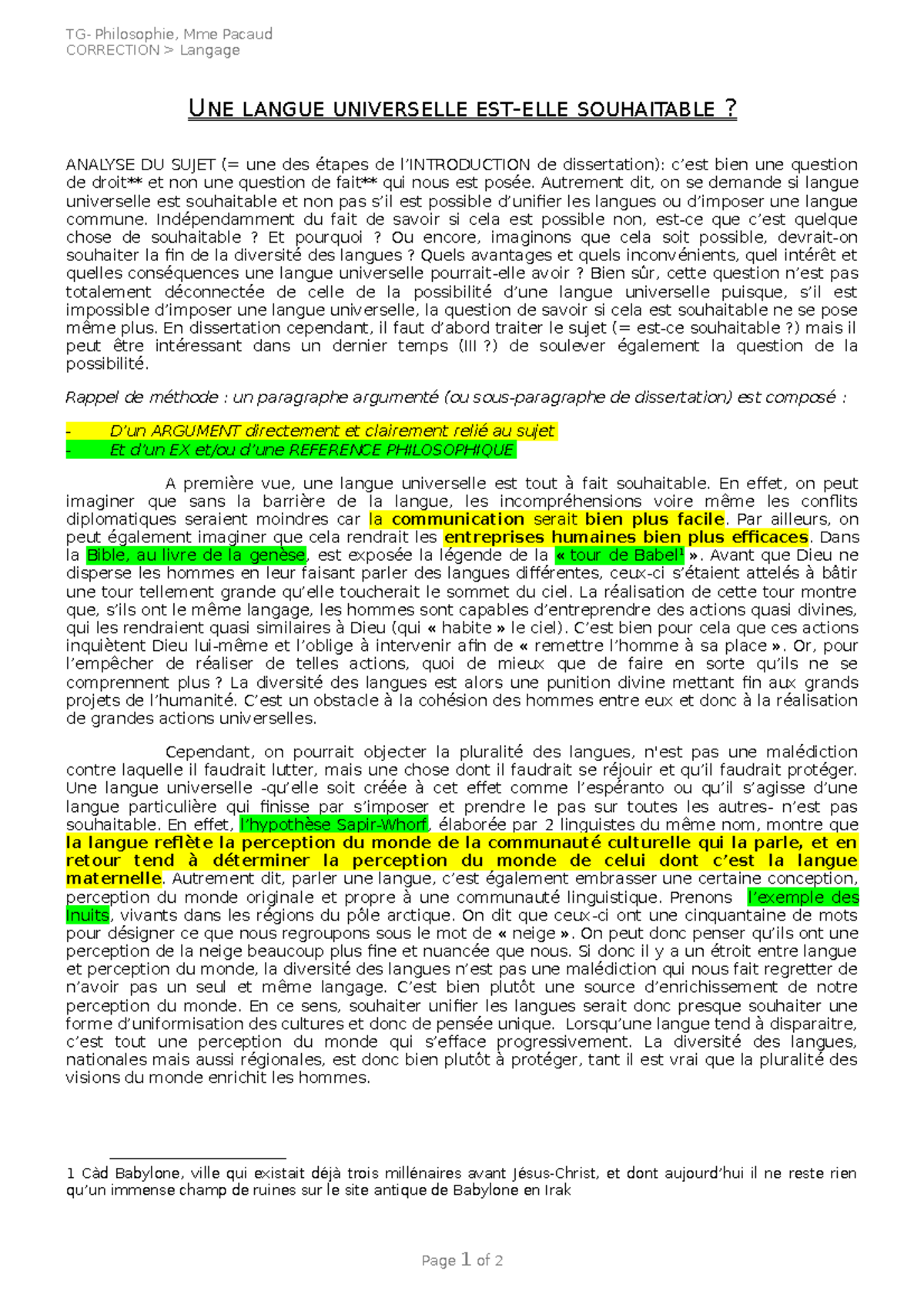 Correction - Une langue universelle est-elle souhaitable - TG- Philosophie, Mme Pacaud ...