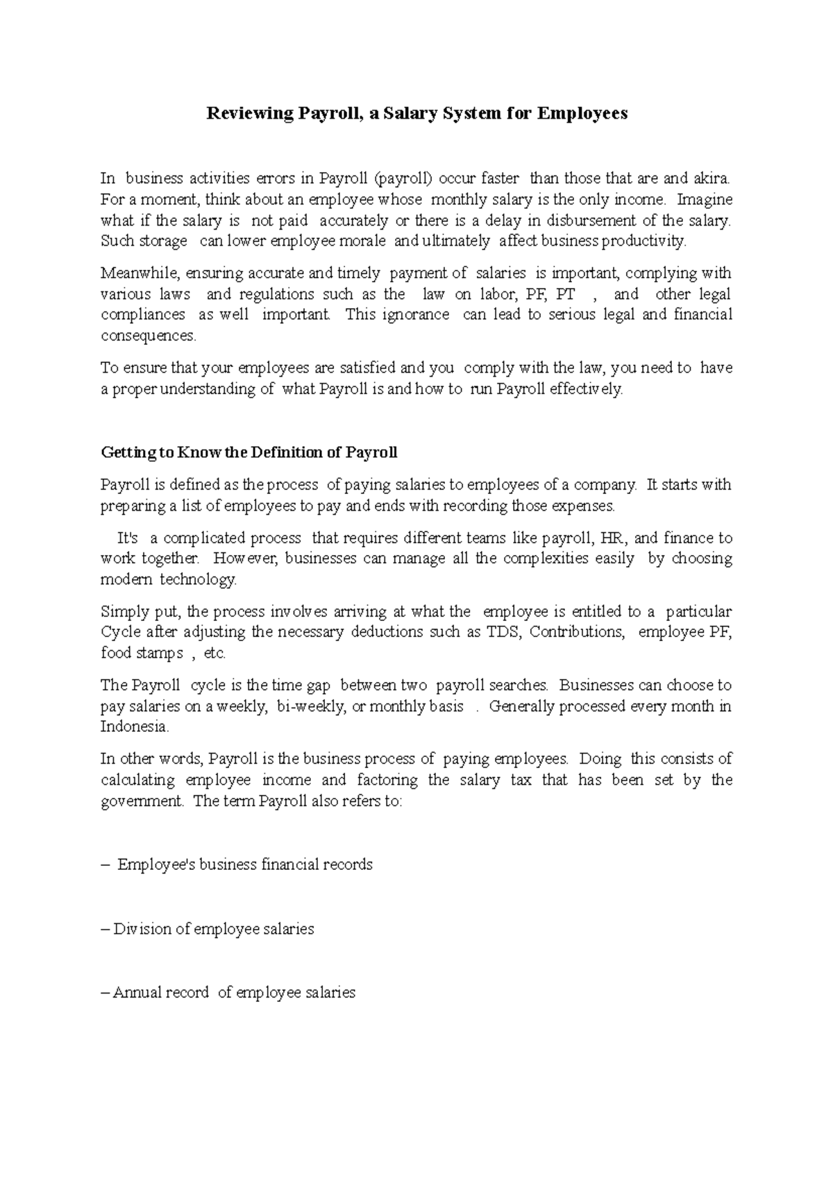 Reviewing Payroll, a Salary System for Employees - For a moment, think ...