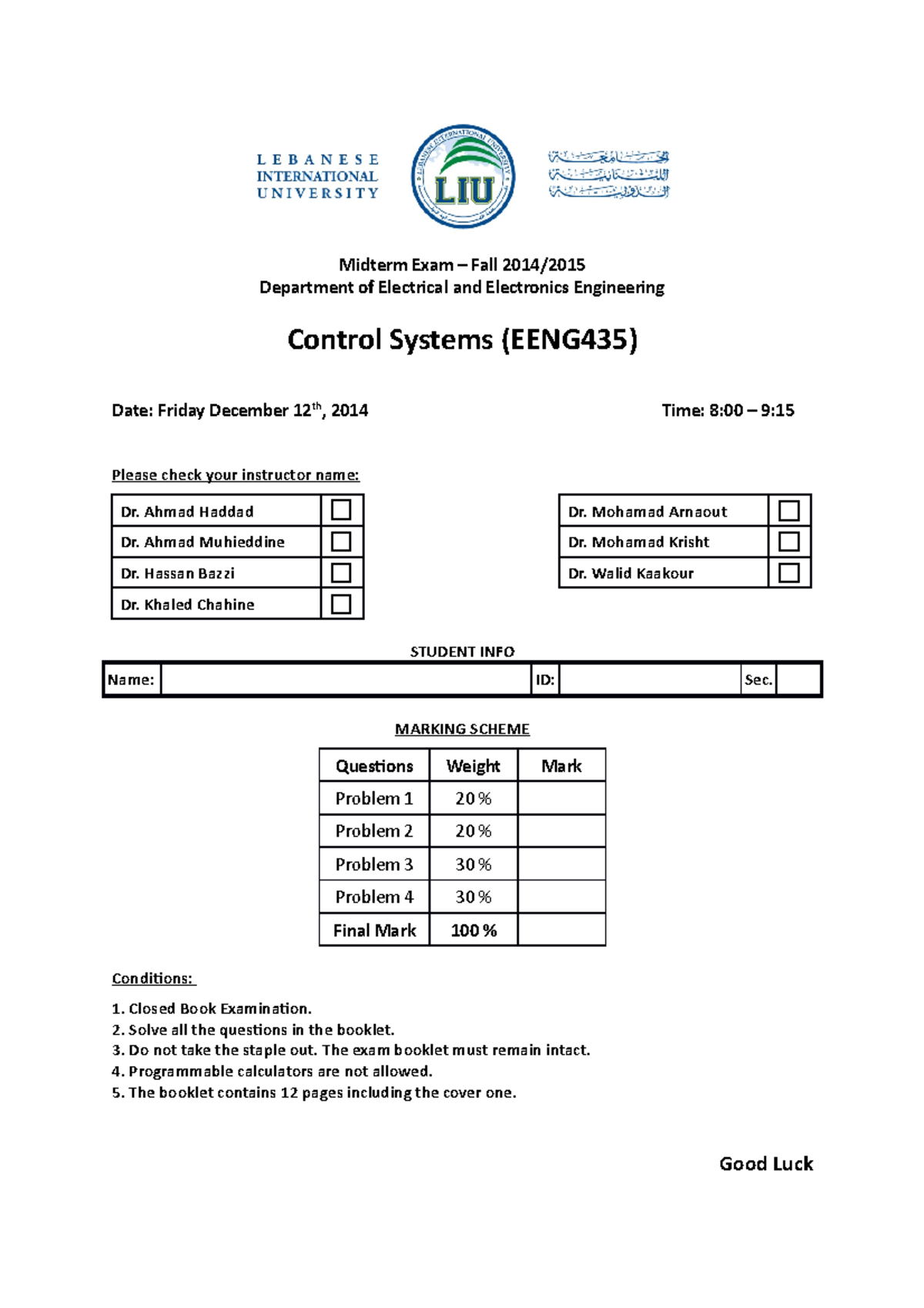 MIDTERM December Fall 2017, questions - Midterm Exam Fall Department of Electrical and ...