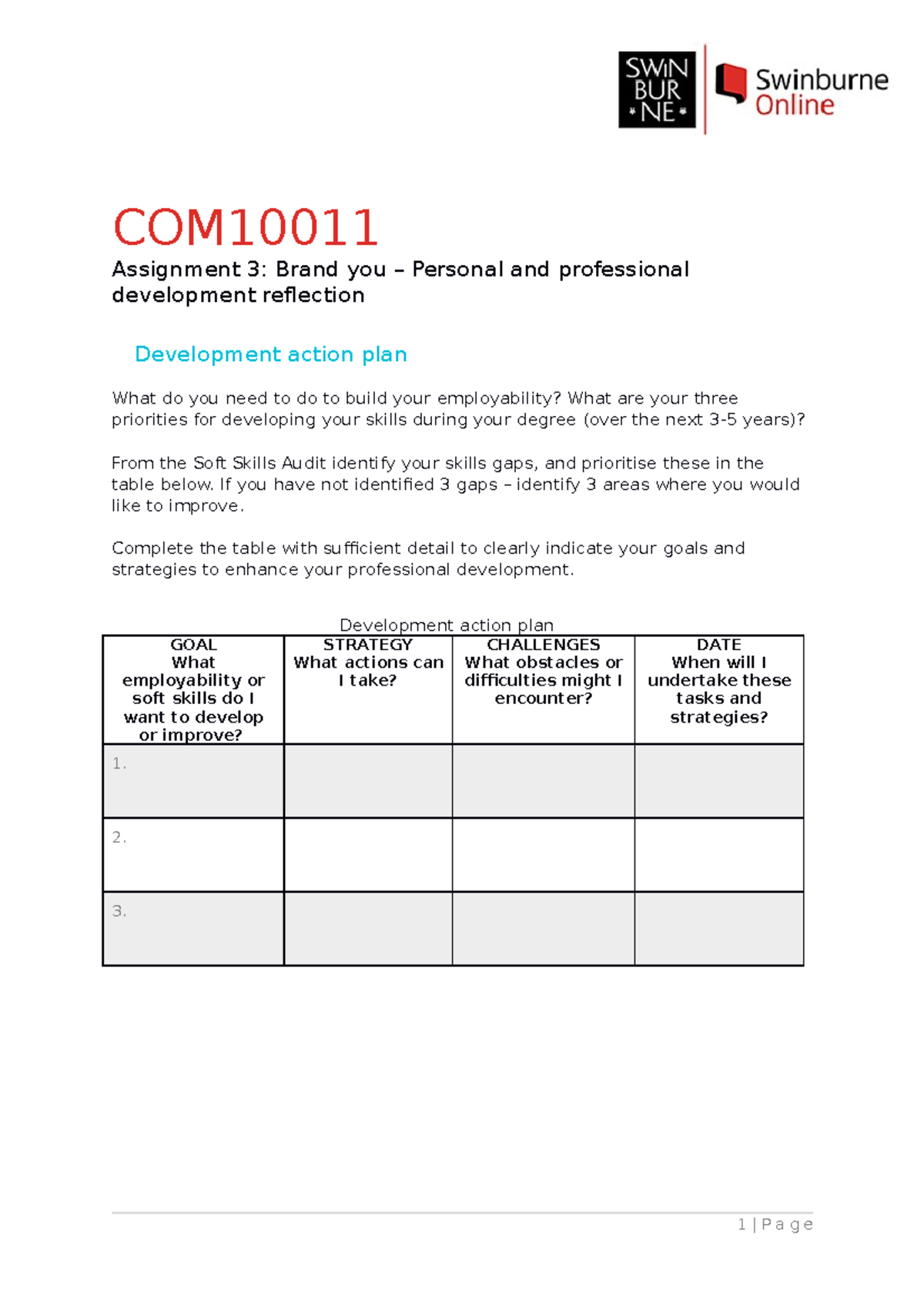 A3 Development action plan - COM Assignment 3: Brand you – Personal and ...