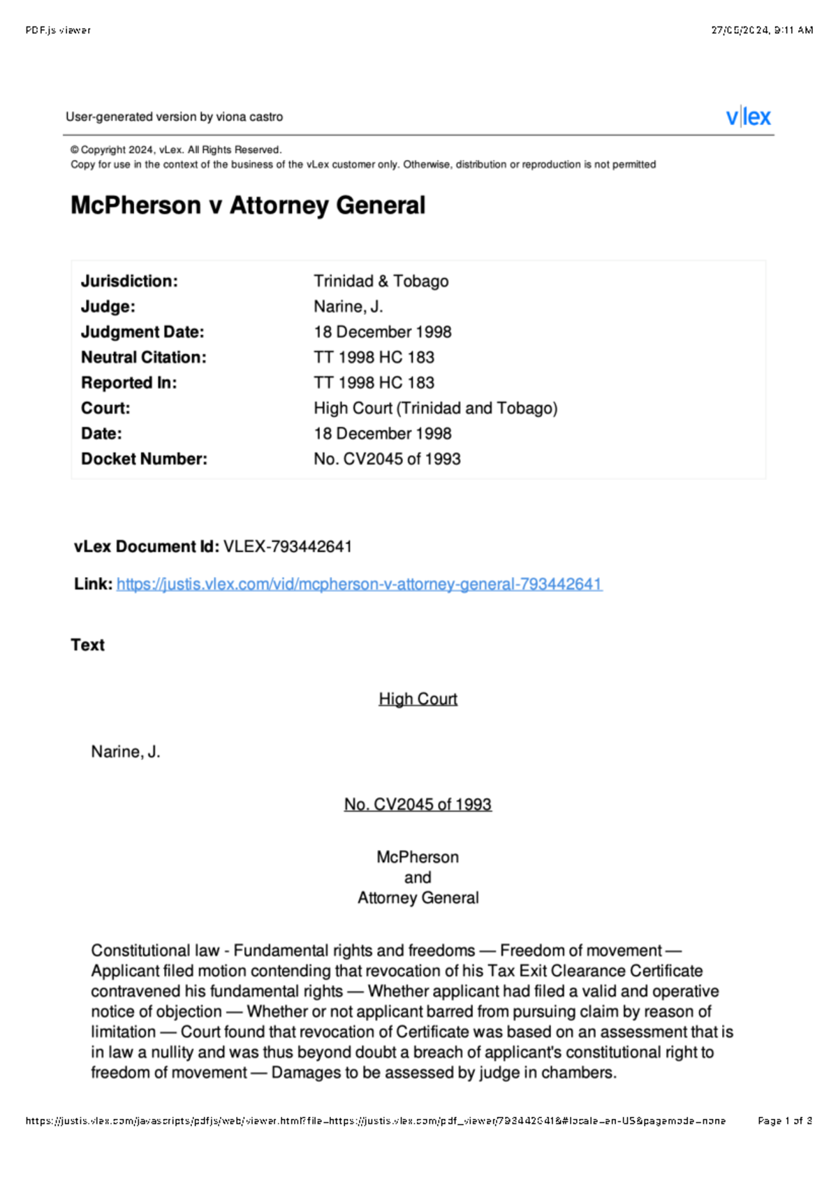 Mc Pherson v AG - Case law - Constitutional Law - PDF viewer 27/05/2024, 9:11 AM - Studocu