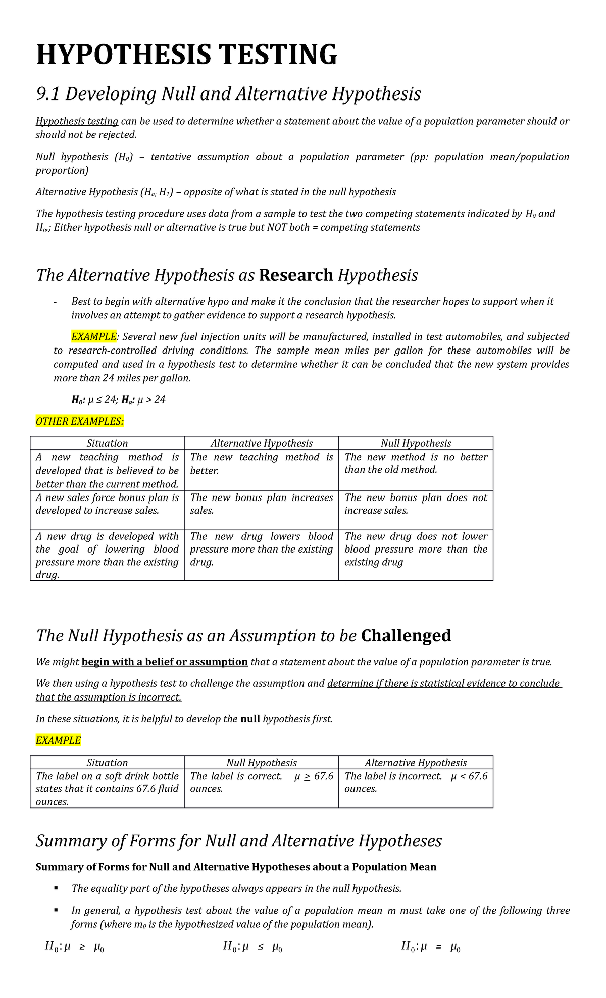  Finals Hypothesis Testing HYPOTHESIS TESTING 9 Developing Null And