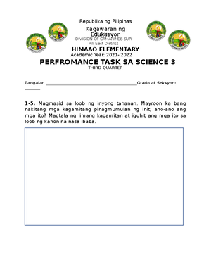 O3- Performance Task sa FIlipino - THIRD QUARTER Name: - Studocu