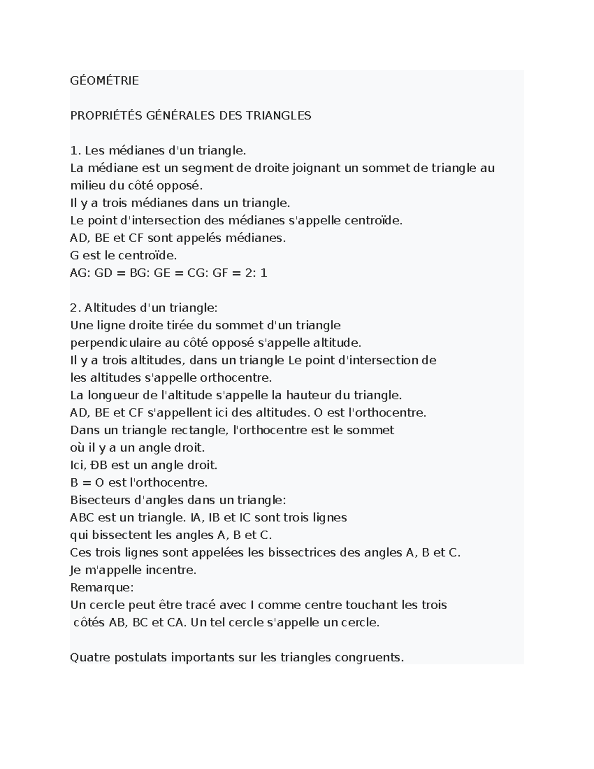 Property of Triangle French - GÉOMÉTRIE PROPRIÉTÉS GÉNÉRALES DES ...