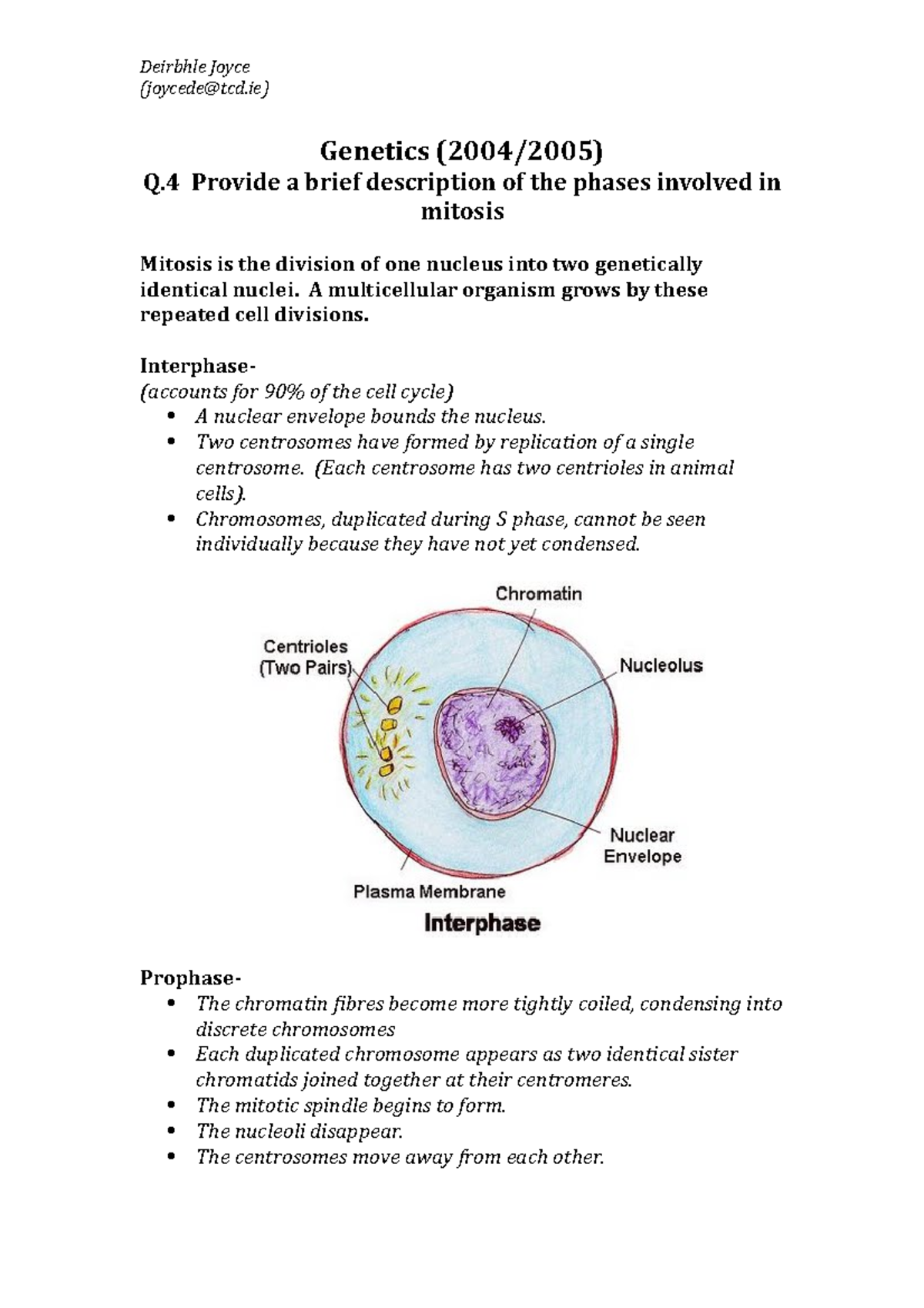 Mitosis - Grade: A+ - Deirbhle Joyce (joycede@tcd) Genetics (2004/2005 ...