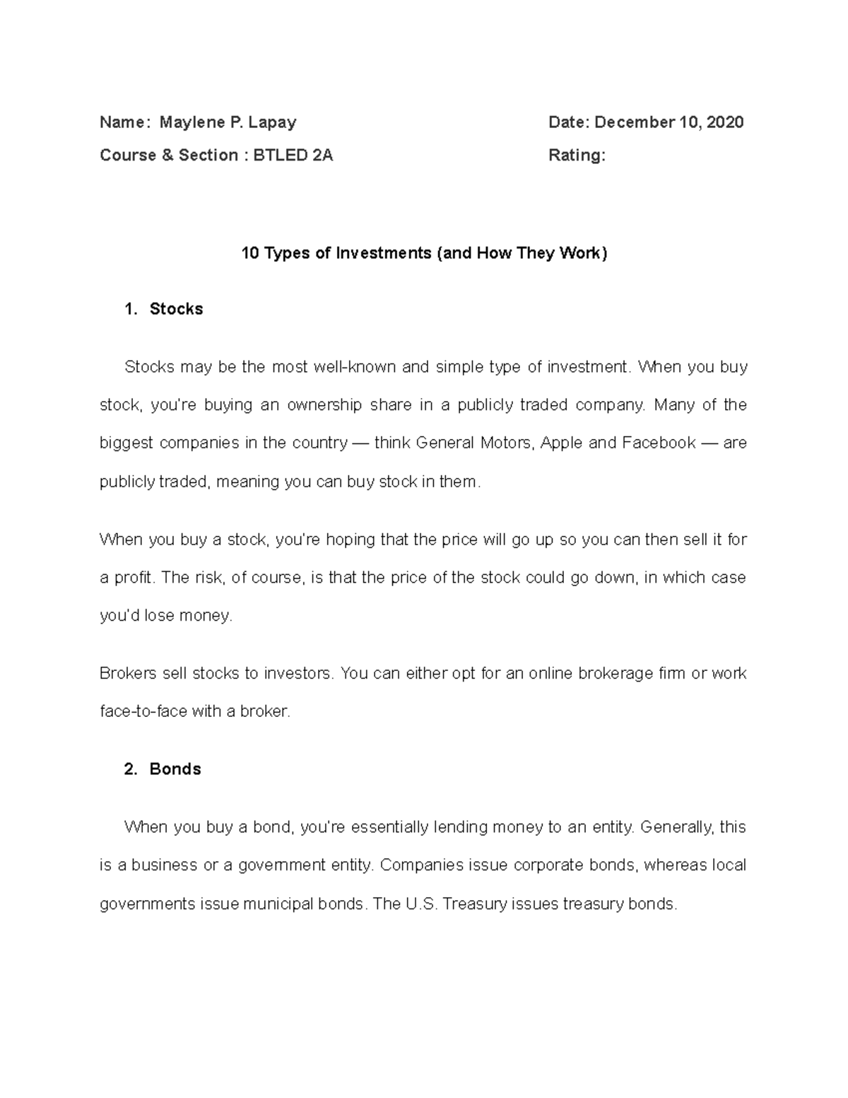 10 Types OF Investment - Lecture notes 5 - Name: Maylene P. Lapay Date ...