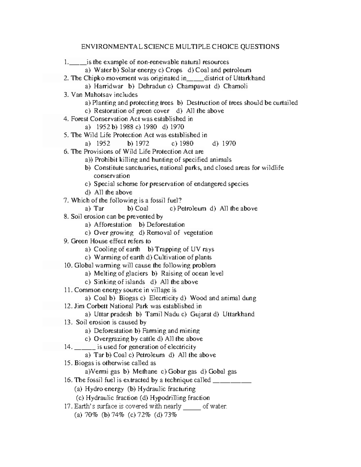 EVS-Question-Bank - for all - ENVIRONMENTAL SCIENCE MULTIPLE CHOICE ...