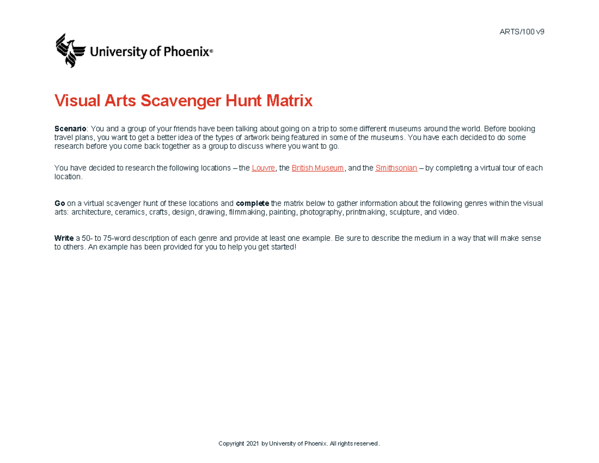 Arts100 v9 wk2 visual arts scavenger hunt matrix - ARTS/100 v Visual ...