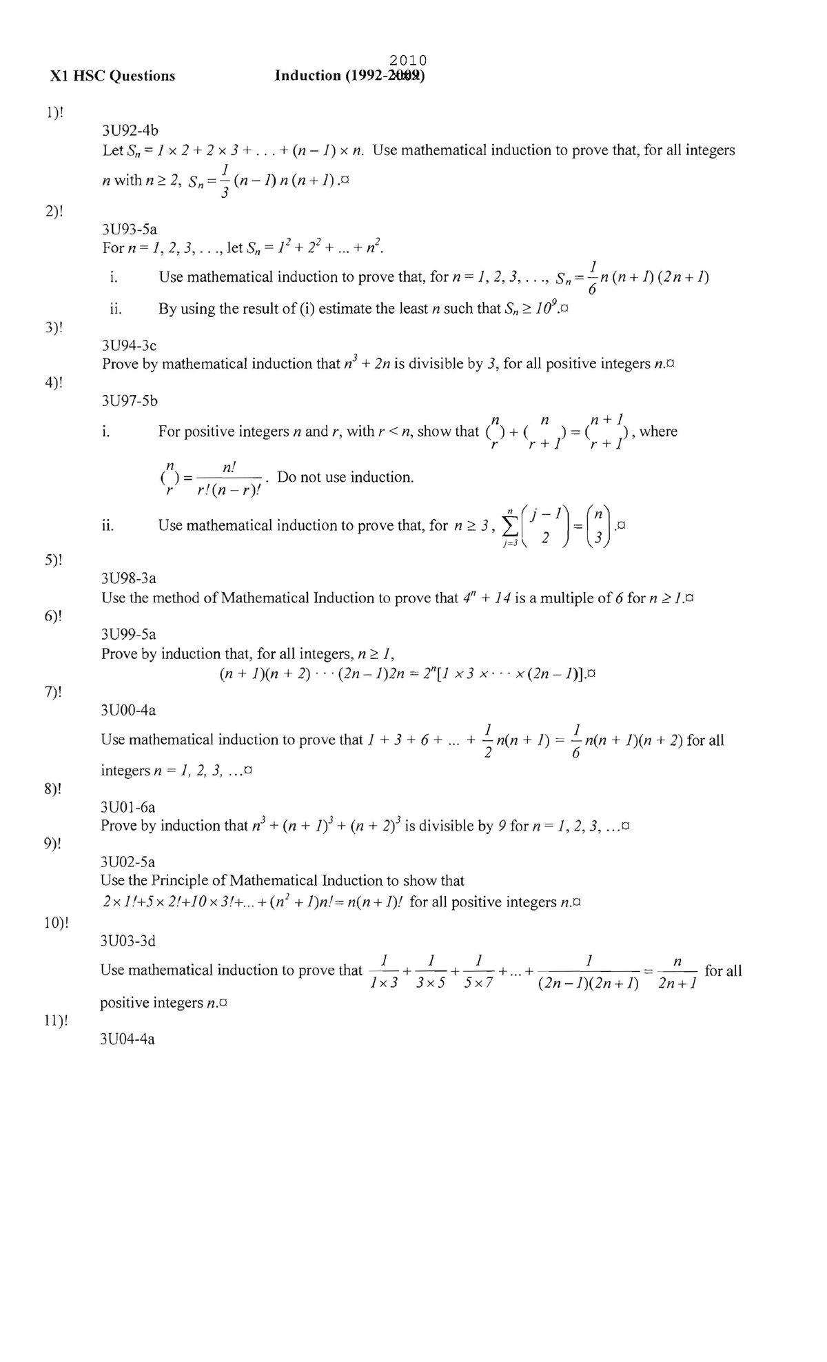 INDUCTION PAST QS - Xl HSC Questions Induction (1992-2009) 1)! 3U92-4b ...