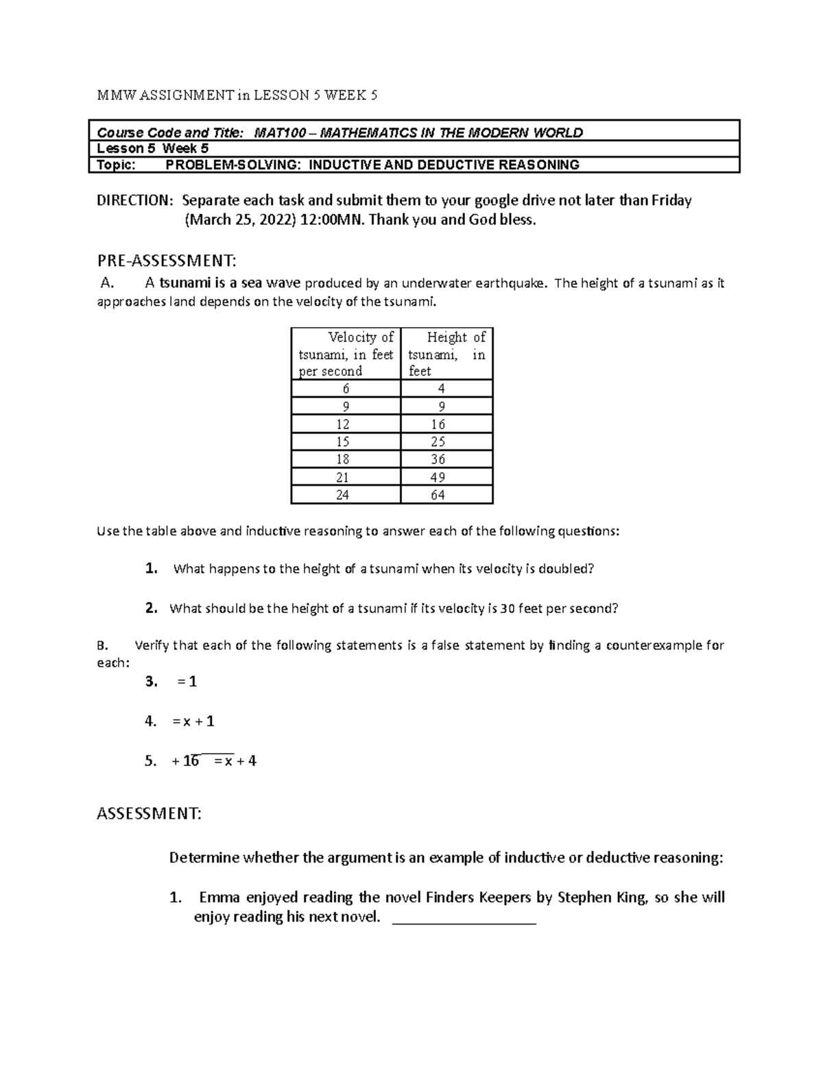 MMW Assignment in Lesson 5 WEEK 5 - MMW ASSIGNMENT in LESSON 5 WEEK 5 Course Code and Title ...