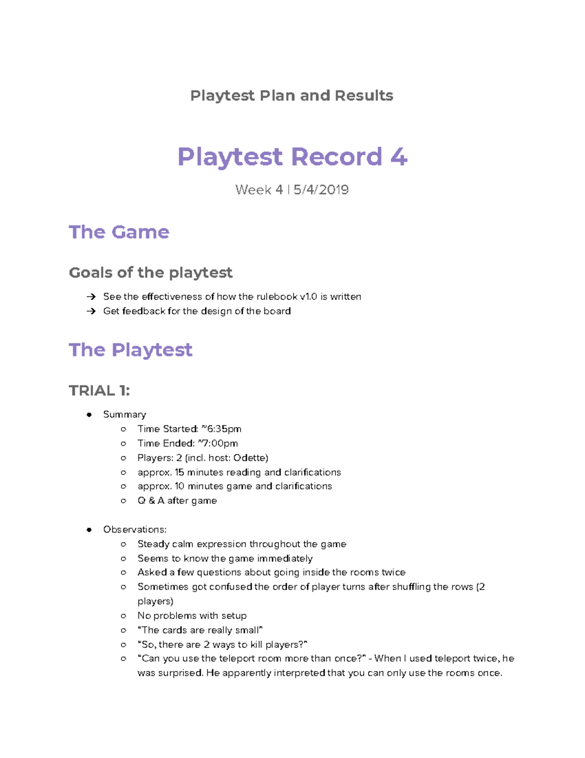 Playtest Report Example 2 - Playtest Plan and Results Playtest Record 4 ...