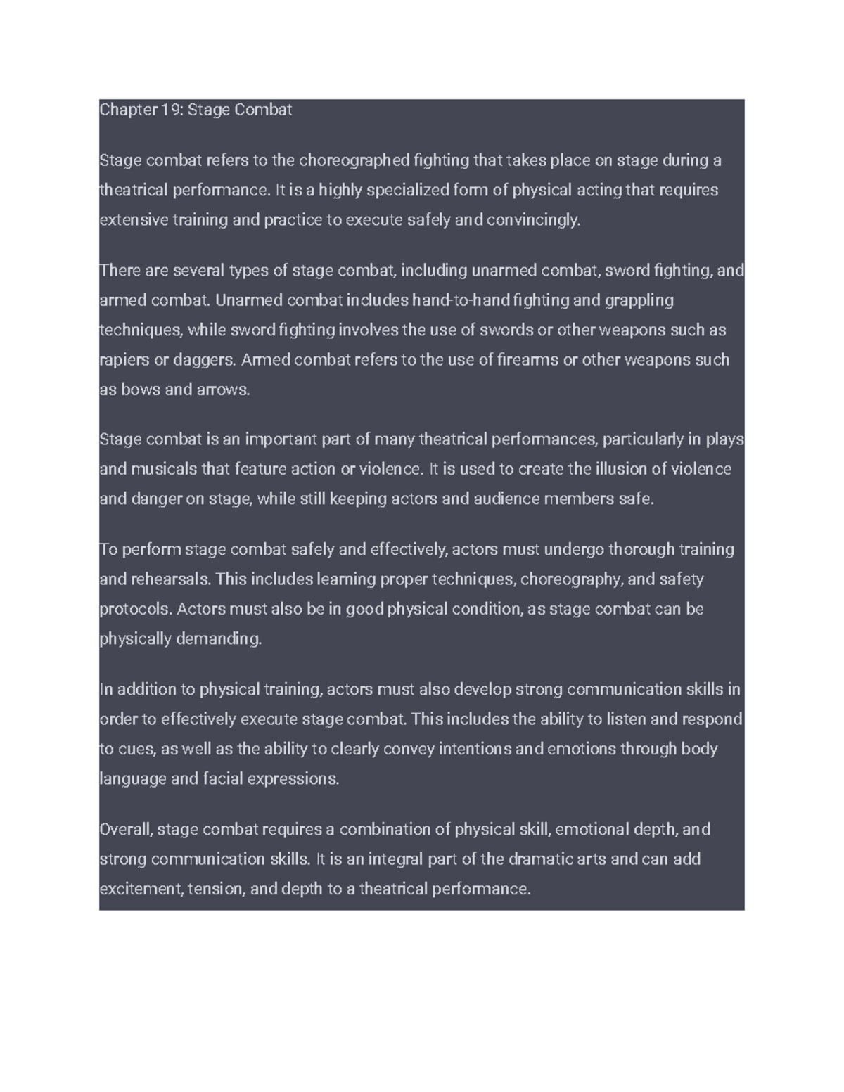 Dramatic Arts Chapter 19 Notes - Chapter 19: Stage Combat Stage combat ...