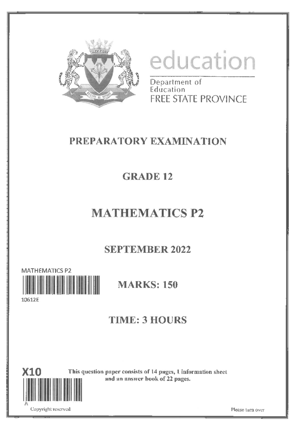 Mathematics P2 PREP SEPT 2022 QP ENG - Studocu