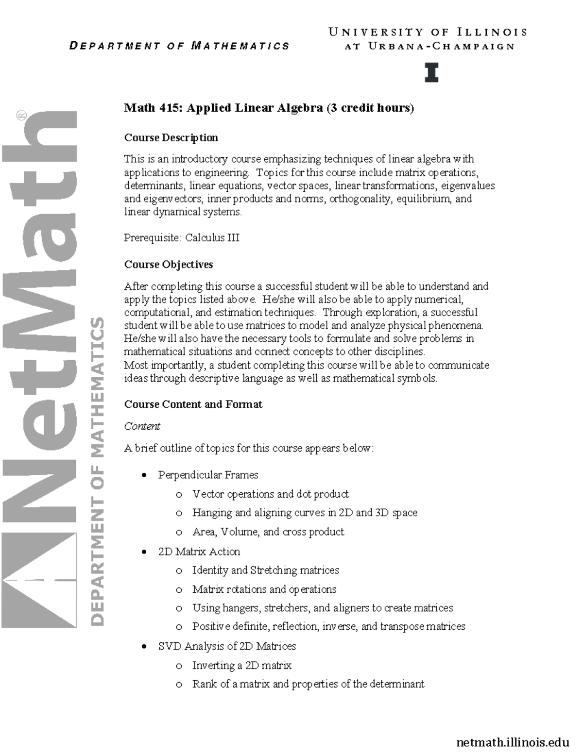 Syllabus Net Math 415 2 - UN I V E R S I T Y O F IL L I N O I S DE P A ...