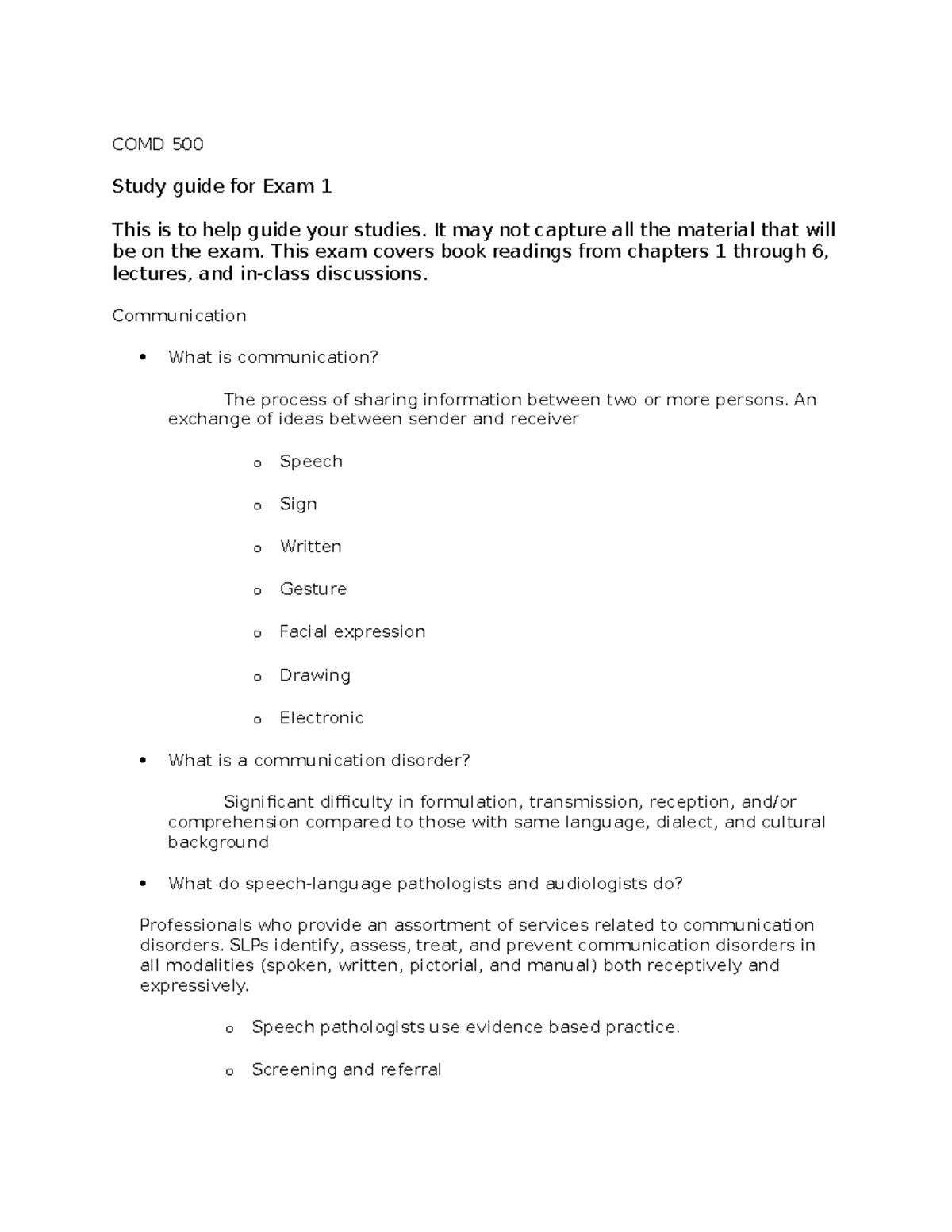 COMD 500 - Lecture notes exam 1 - COMD 500 Study guide for Exam 1 This ...
