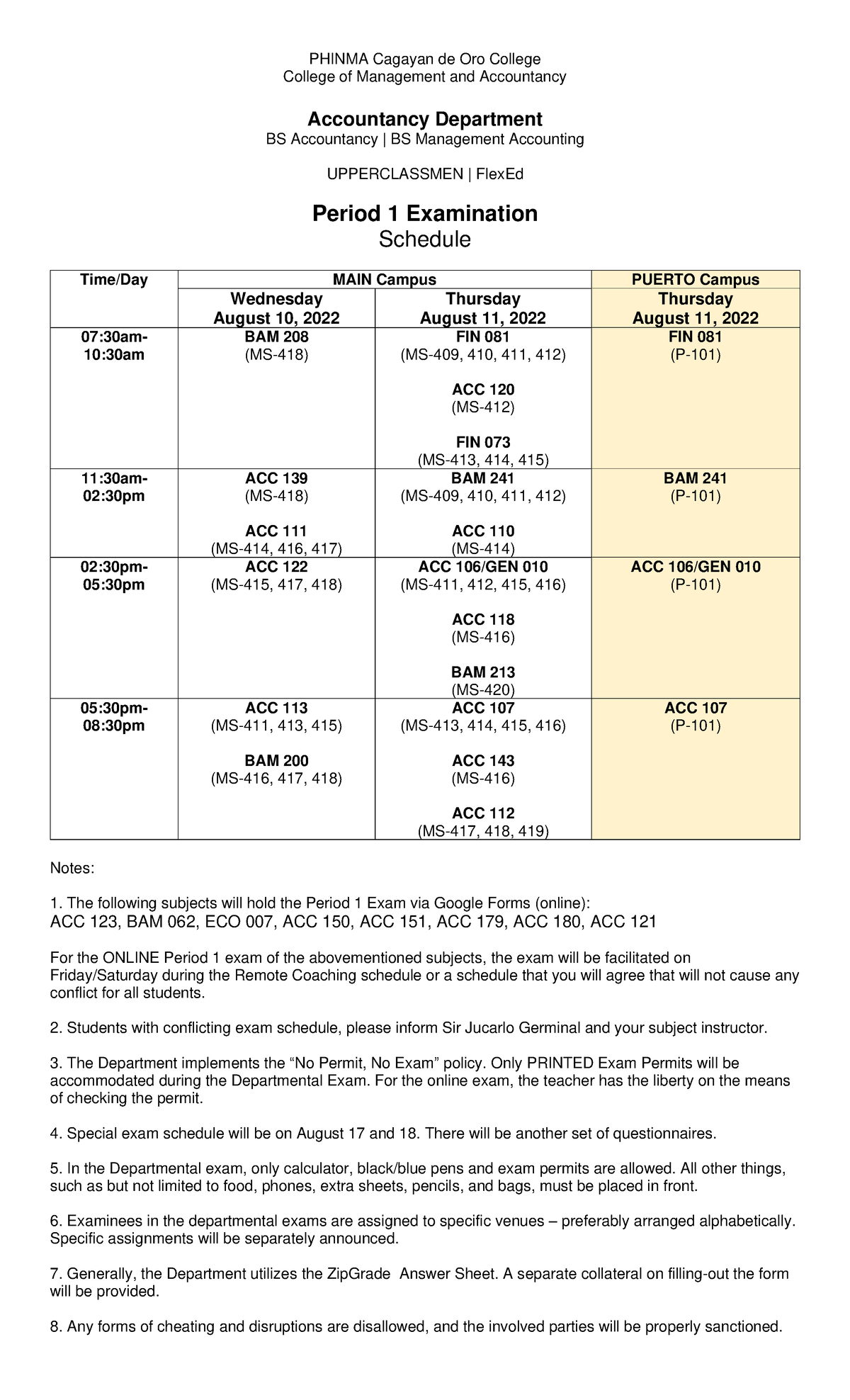 Period-1-Exam Room-Assignment - PHINMA Cagayan de Oro College College ...