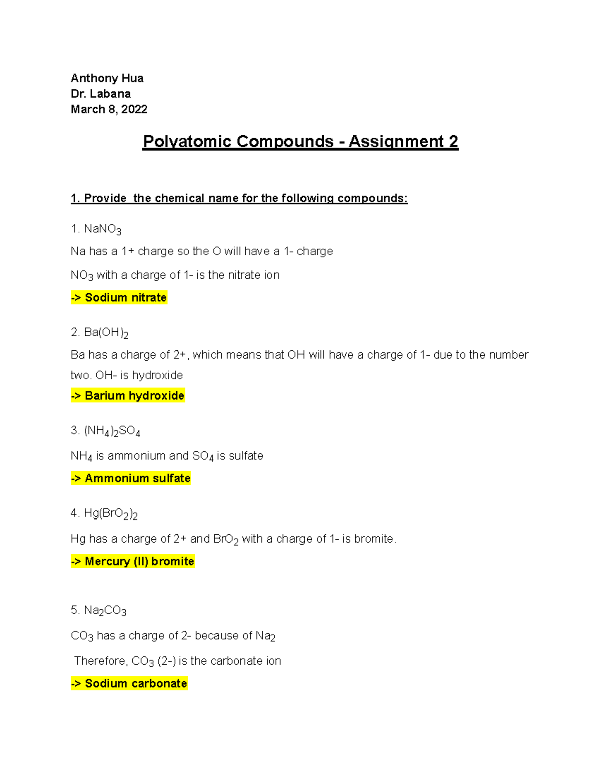 Polyatomic compound - Anthony Hua Dr. Labana March 8, 2022 Polyatomic ...