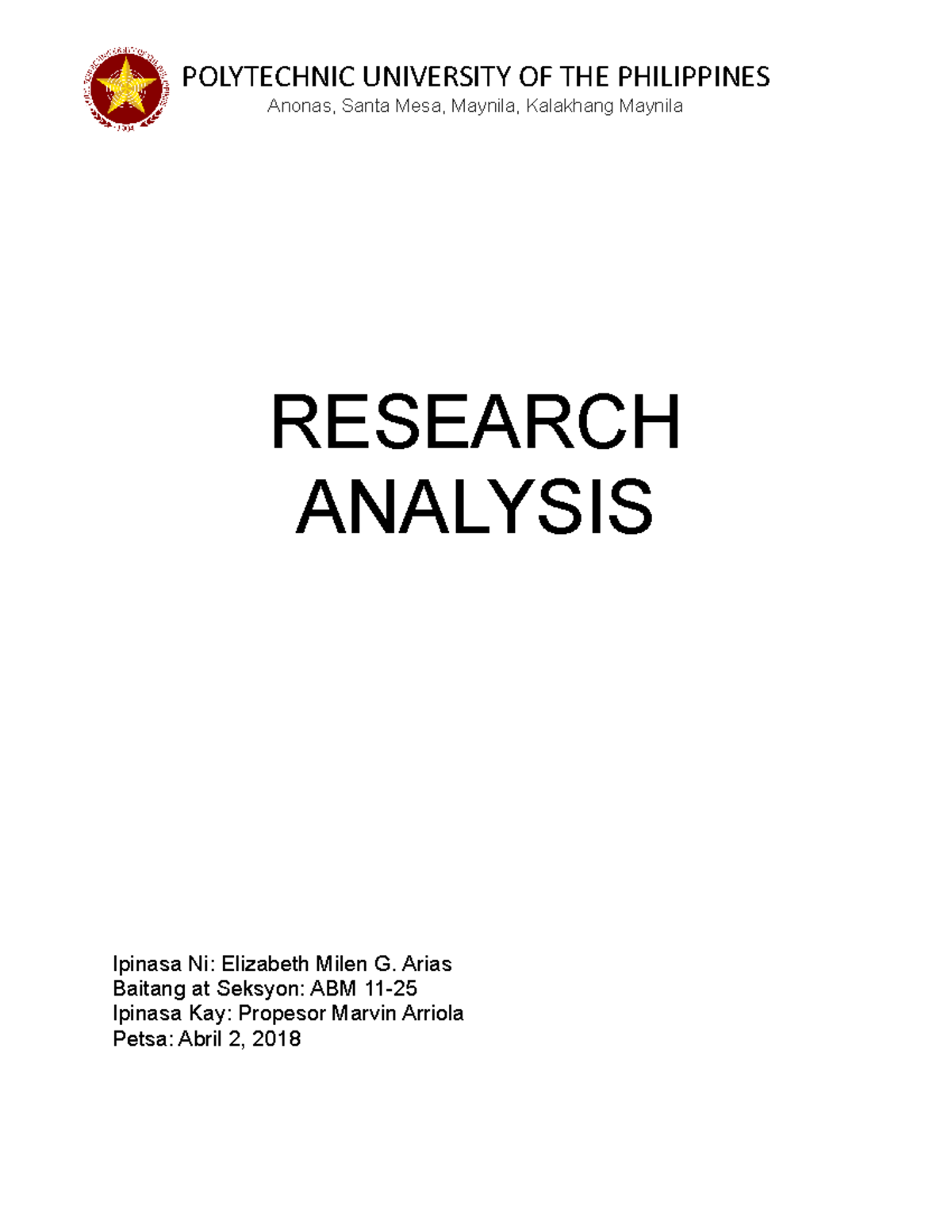 Research- Analysis - ESSAY - POLYTECHNIC UNIVERSITY OF THE PHILIPPINES ...