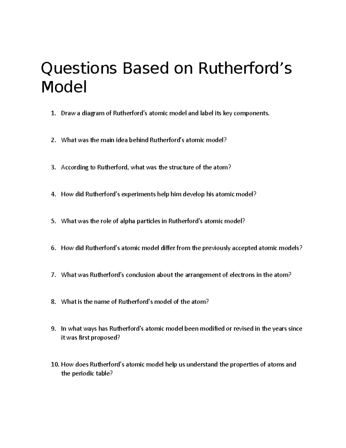 Questions Based on Rutherford - Questions Based on Rutherford’s Model ...